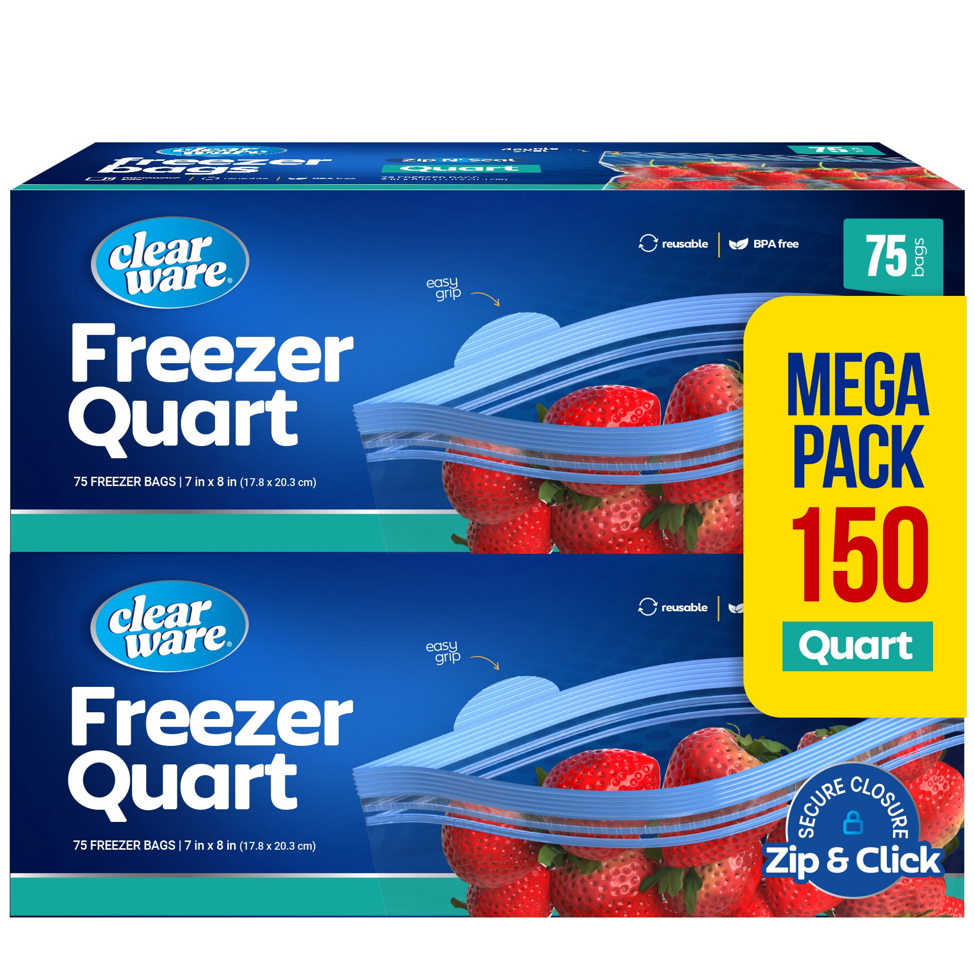 Clearware, Freezer Bags, 1 Qt, Double Zipper Seal, 150 Count 2 Pack ...