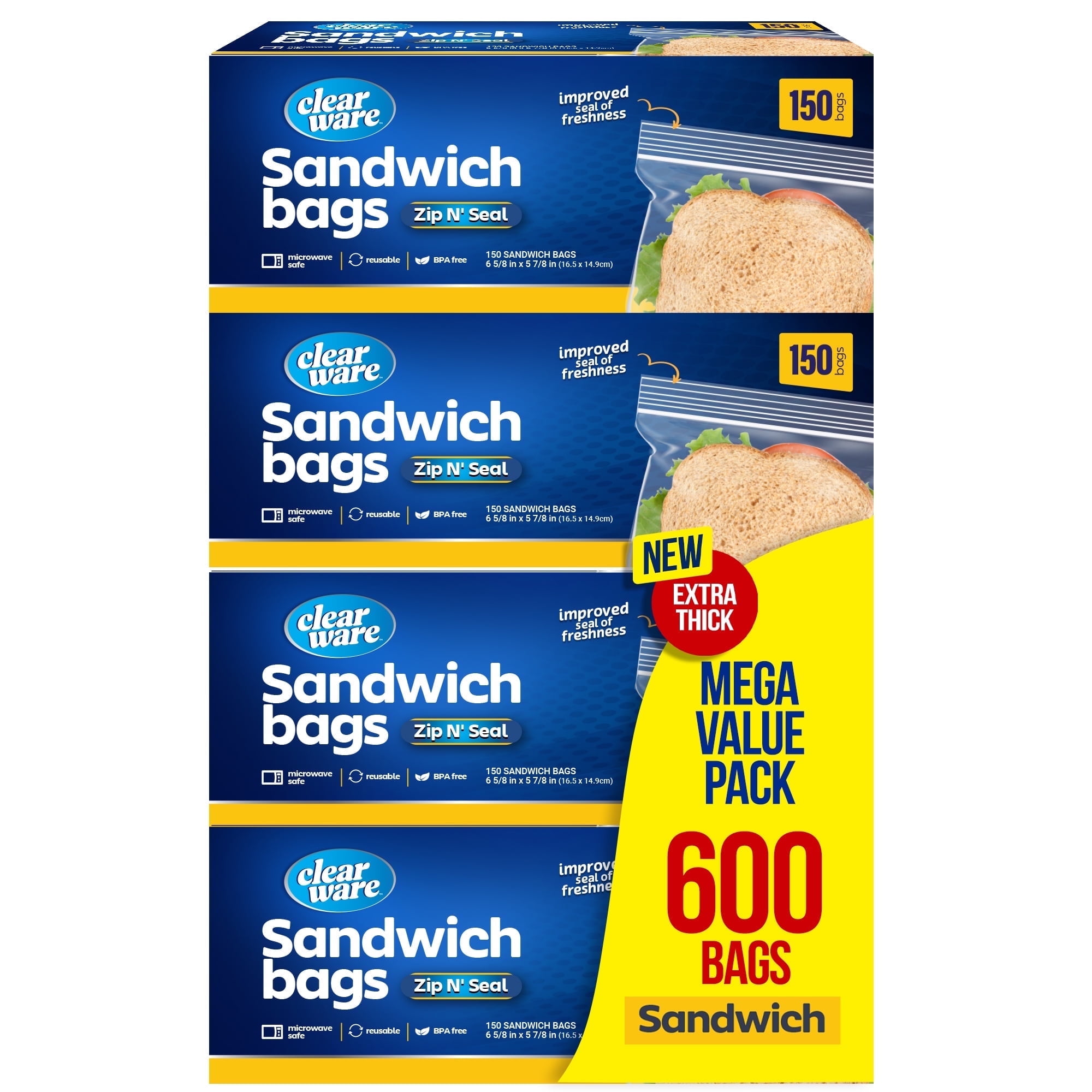 Clearware Sandwich Bags, Zipper Seal - 600 Count, 4 Pack - Walmart.com