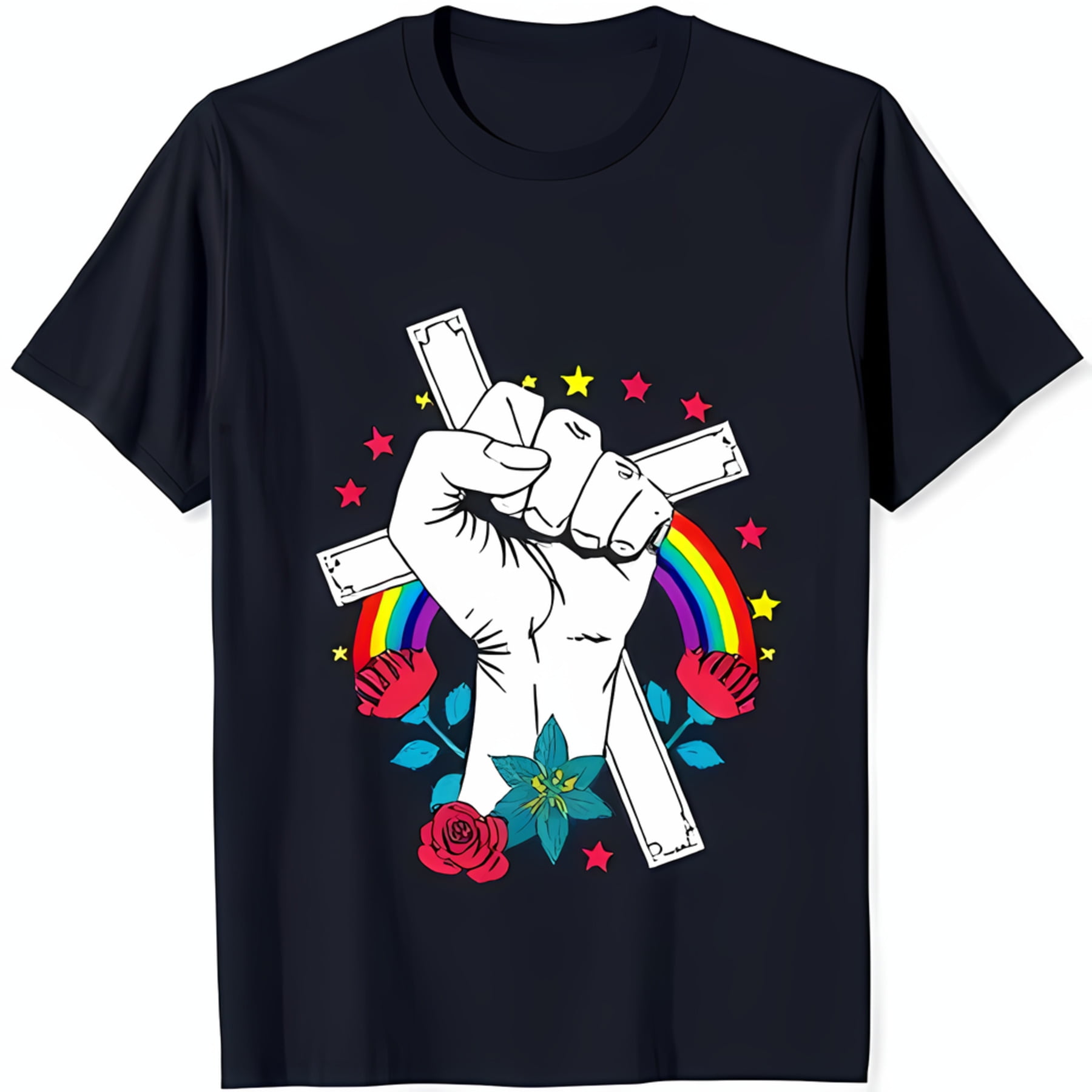 Clenched Fist Gripping T-Shirt with Stars & Roses Blue Graphic Tee - Walmart.com