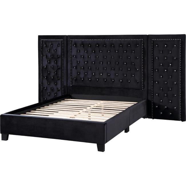 Cleo Velvet Bed with XL 3 Panel Tall Headboard & Crystal Tufted, Black ...