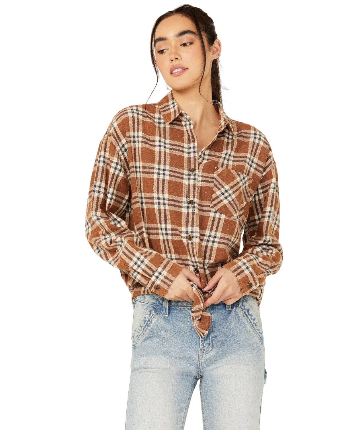 Cleo + Wolf Women's Aubrey Plaid Print Long Sleeve Button-Down Western Shirt Chocolate Medium US ...
