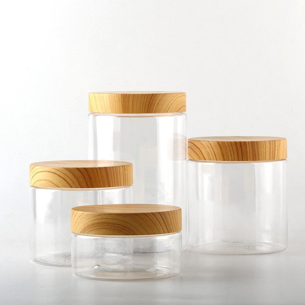 Clerance! Empty TRANSPARENT Plastic Bottle Wooden Lid Container Jar Nut ...
