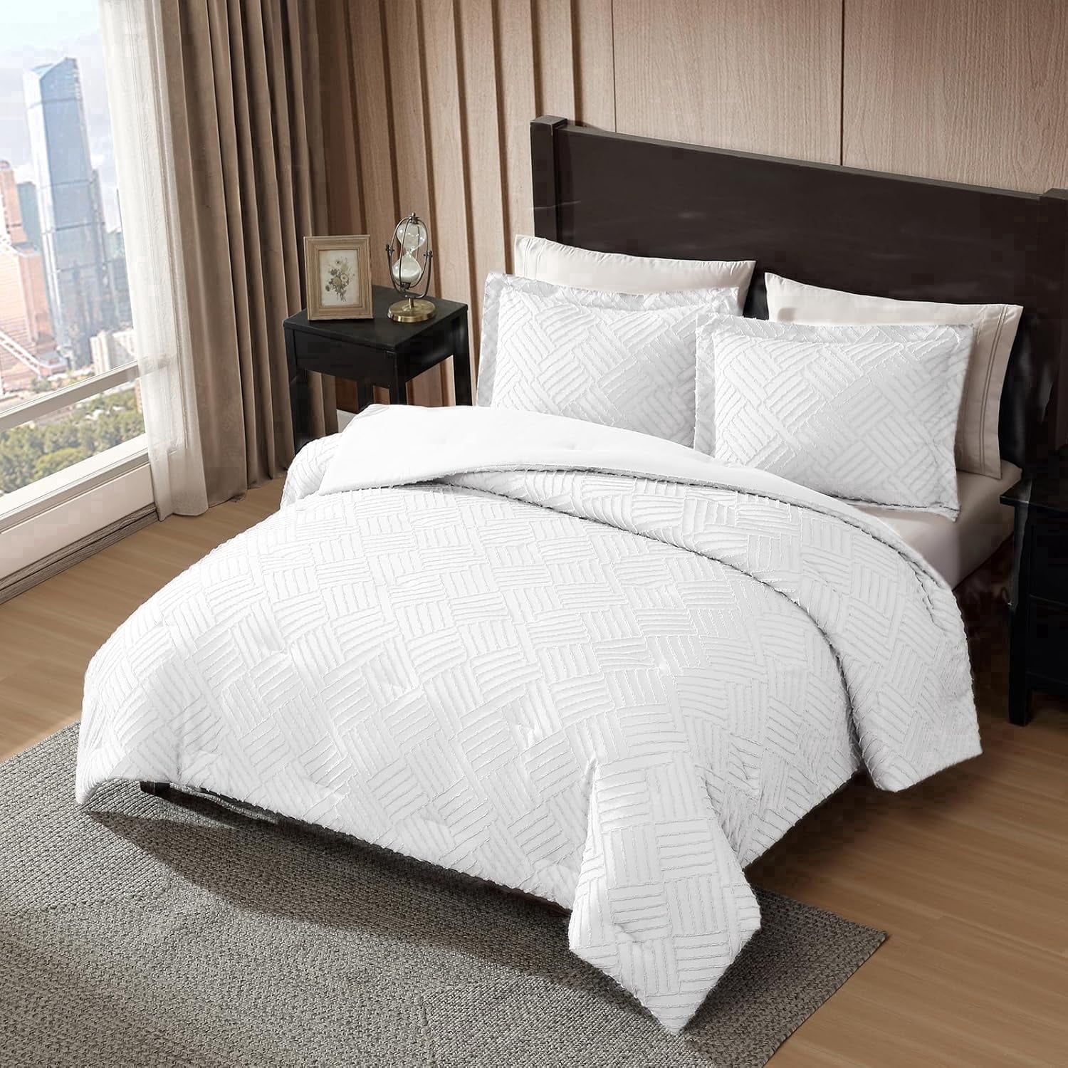 ClevaHome Queen Comforter Set Crystal White, 3 Pieces Clipped Jacquard ...