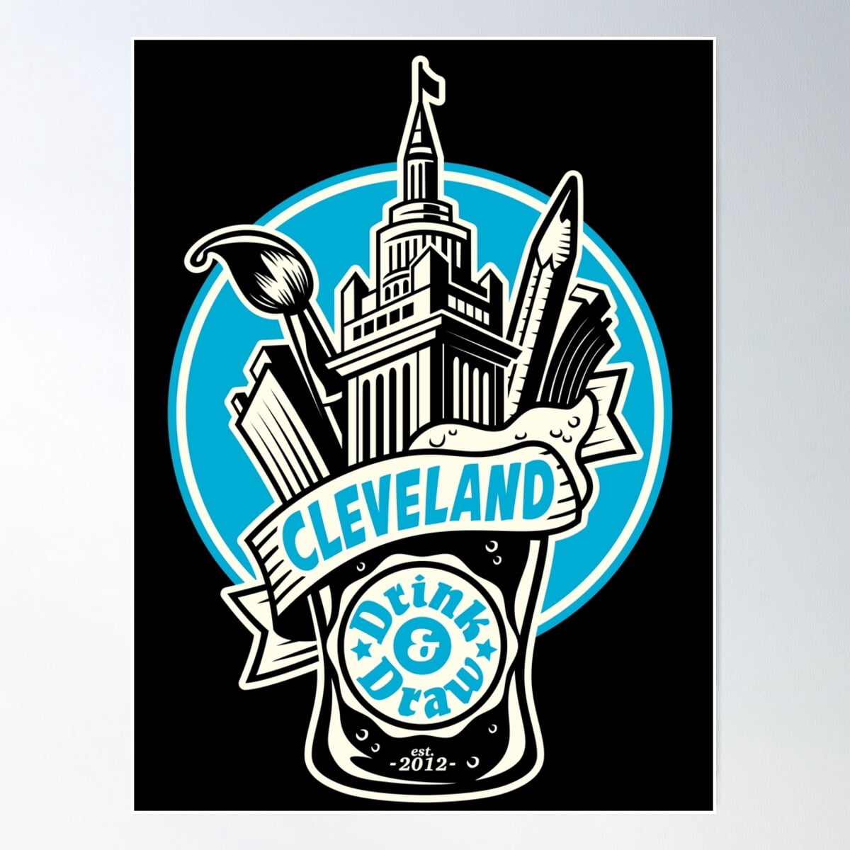 Cleveland Drink & Draw 2019 Logo White & Blue Poster Wall Art, Modern ...