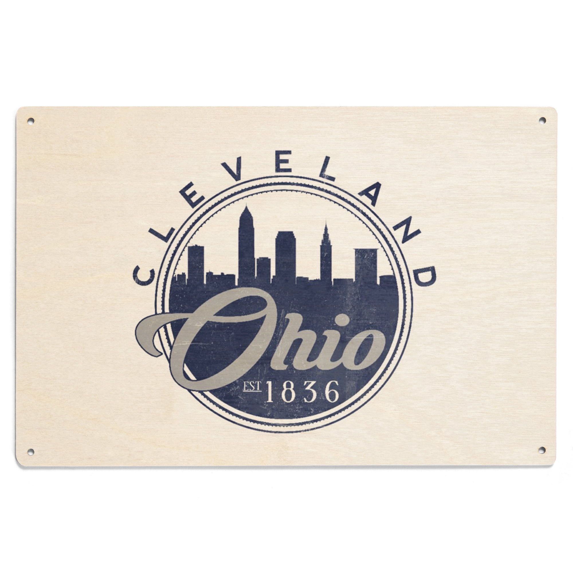 Cleveland, Ohio, Skyline Seal (Blue) Birch Wood Wall Sign (6x9 Rustic ...