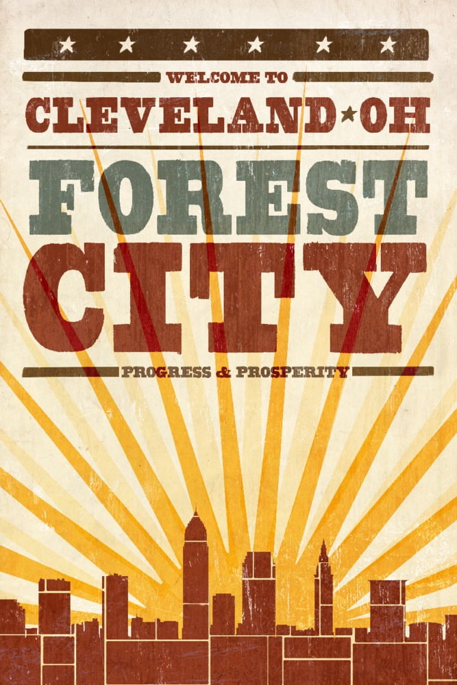 Cleveland, Ohio, Skyline and Sunburst Screenprint Style (16x24 Giclee ...
