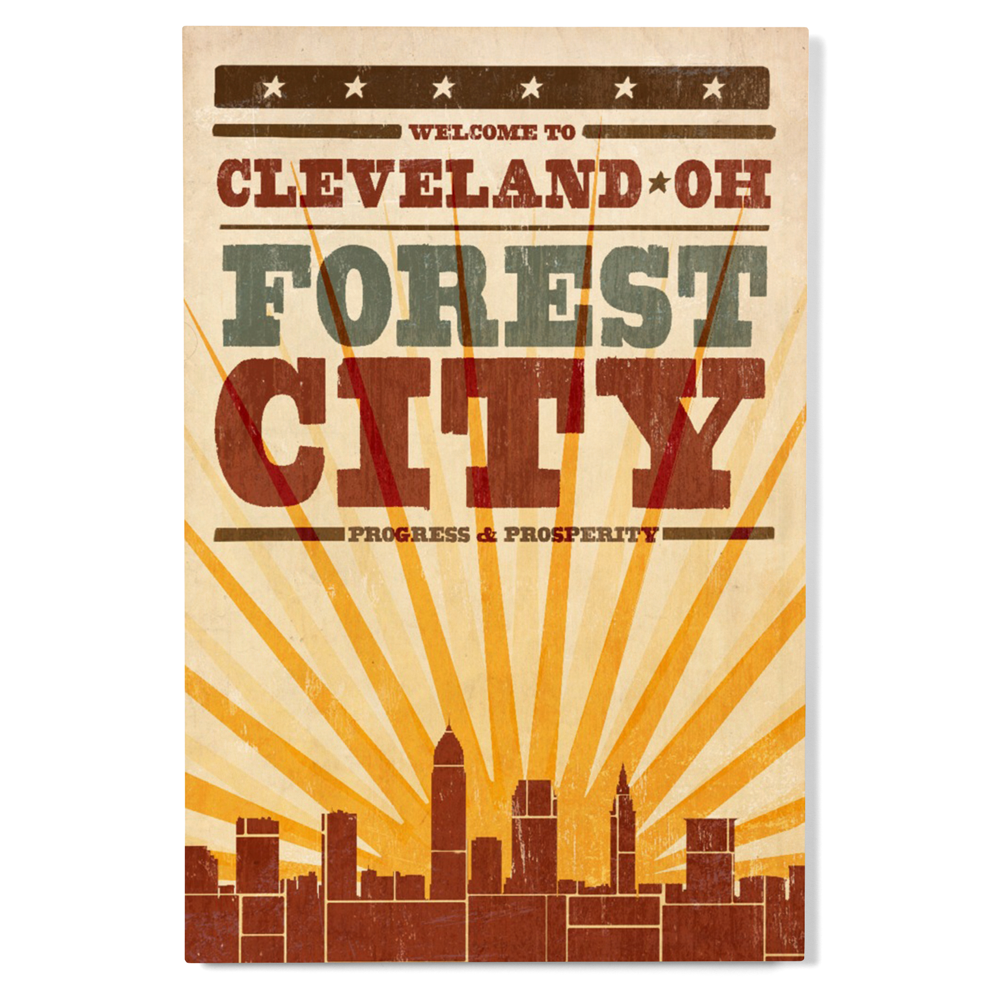 Cleveland, Ohio, Skyline and Sunburst Screenprint Style Birch Wood Wall ...