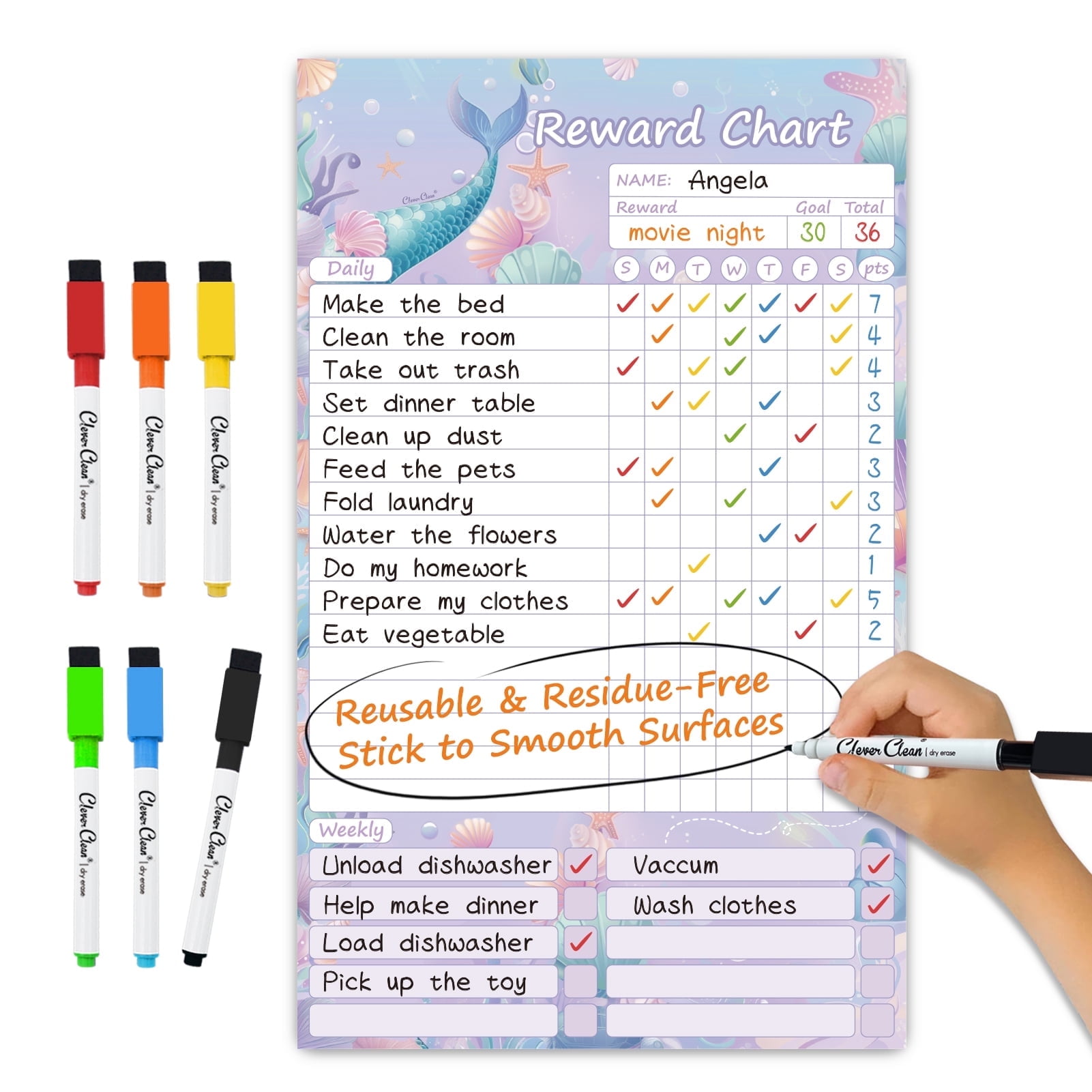 Clever Clean Dry Erase Chore Chart, Mermaid, Reusable Reward Board with ...