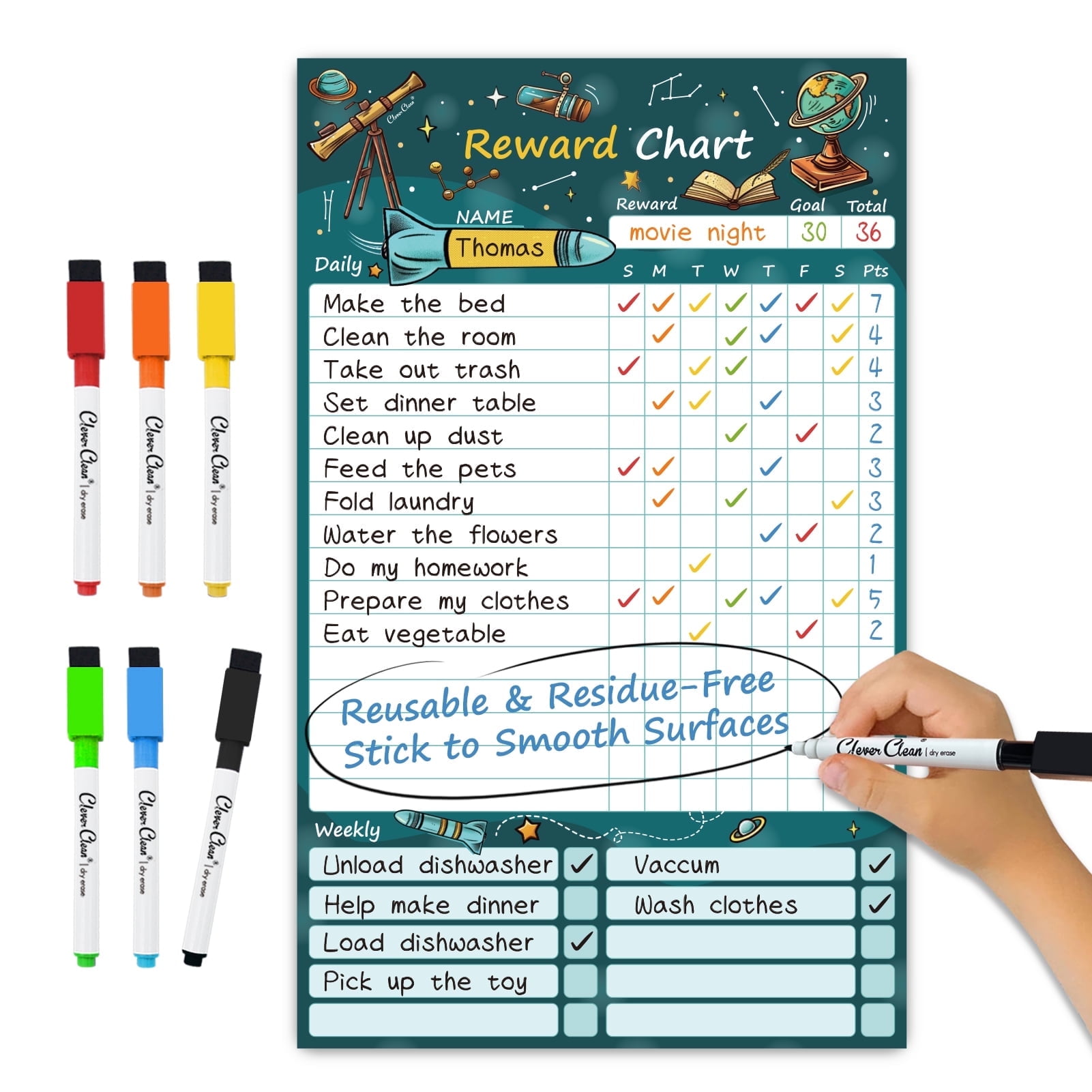 Clever Clean Dry Erase Chore Chart with 6 Whiteboard Markers, Reusable ...