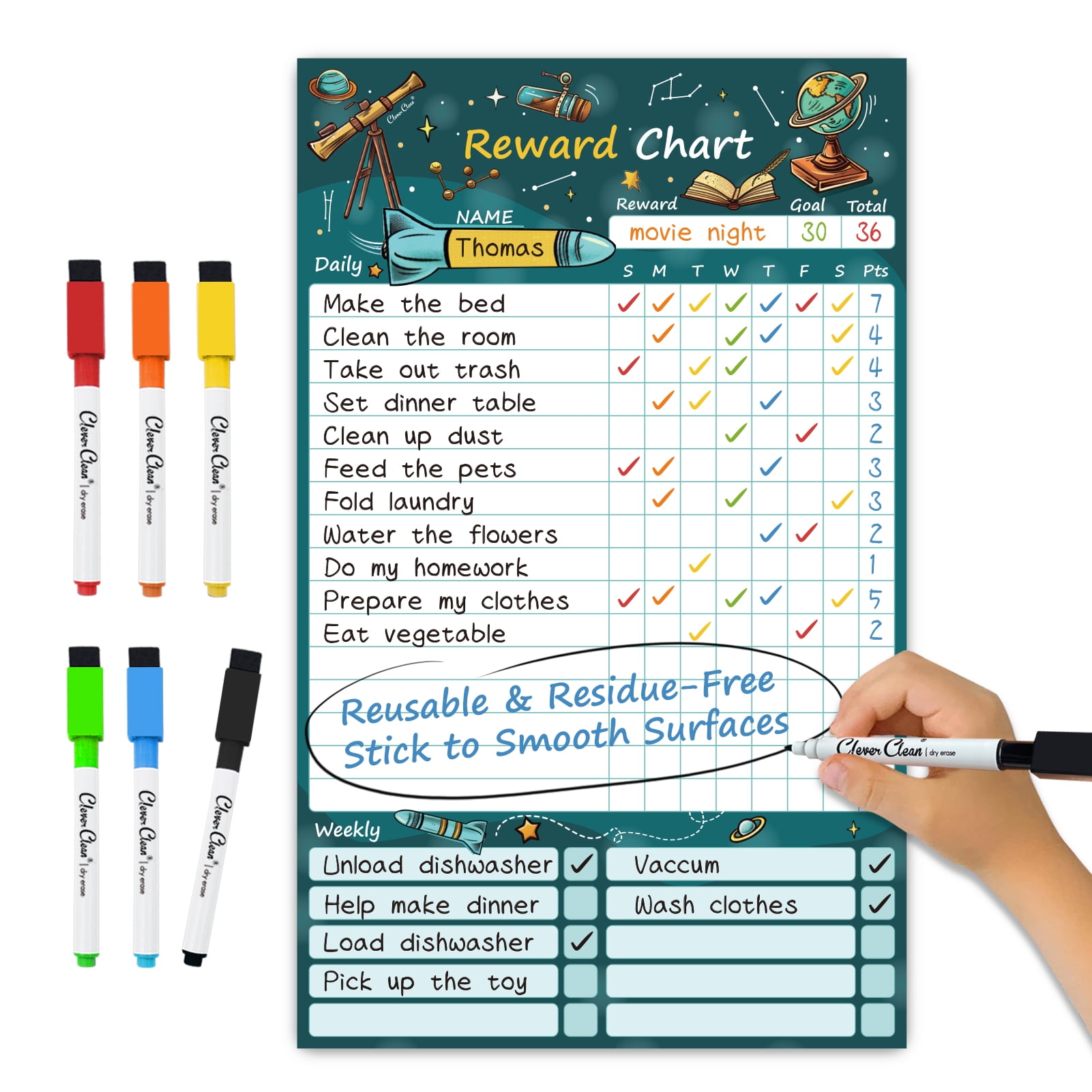Clever Clean Dry Erase Chores Chart for Kids, Reusable Reward Chart ...