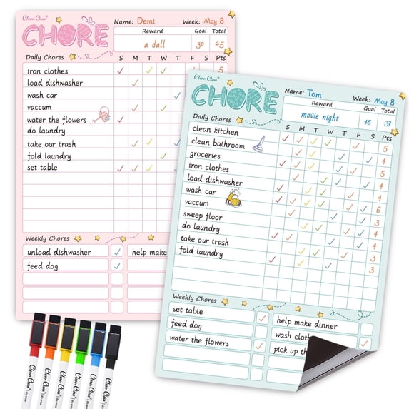 Clever Clean Magnetic Dry Erase Board Chore Chart Kit with 6 Extra Fine ...
