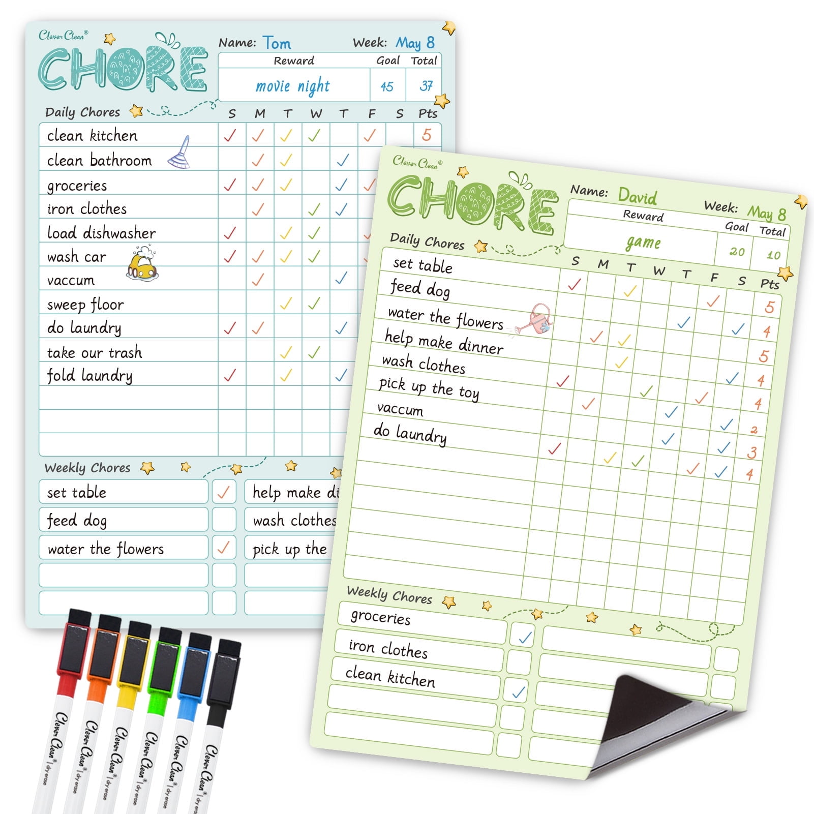 Clever Clean Magnetic Dry Erase Chore Chart Board Kit with 6 Extra Fine ...