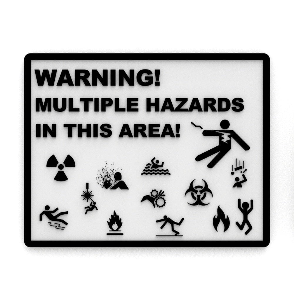Clever Contraption Sign | Warning! Multiple Hazards in This Area (Black ...