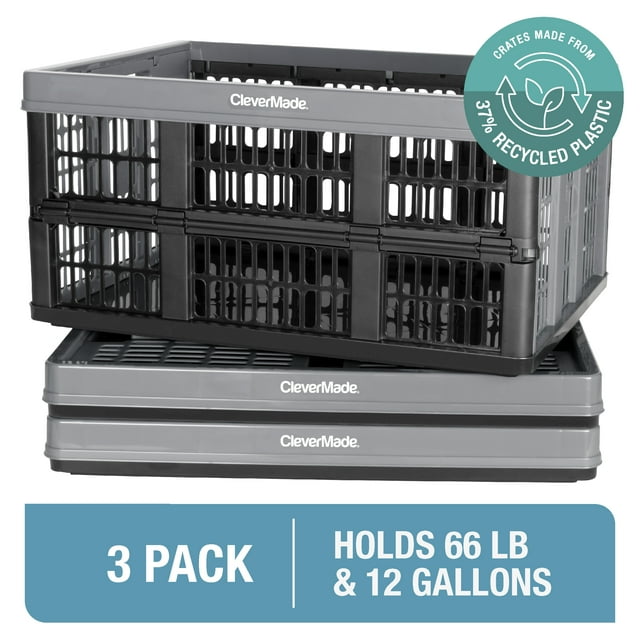 CleverMade Large Storage Utility Crate with Handles, Collapsible, 12 Gal, Plastic for Groceries ...