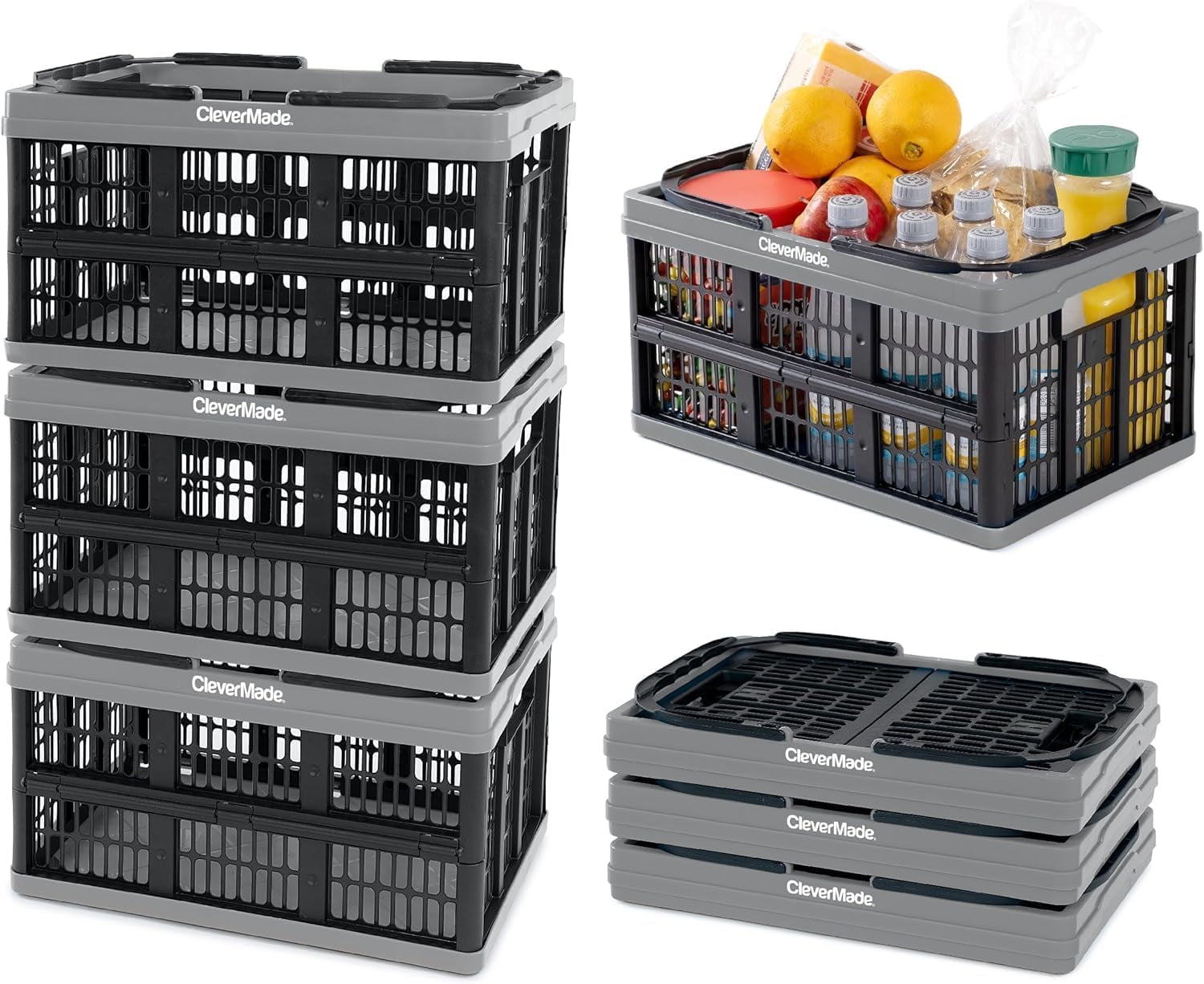 CleverMade 3 Pack Collapsible Shopping Basket EcoCrate with Handles ...