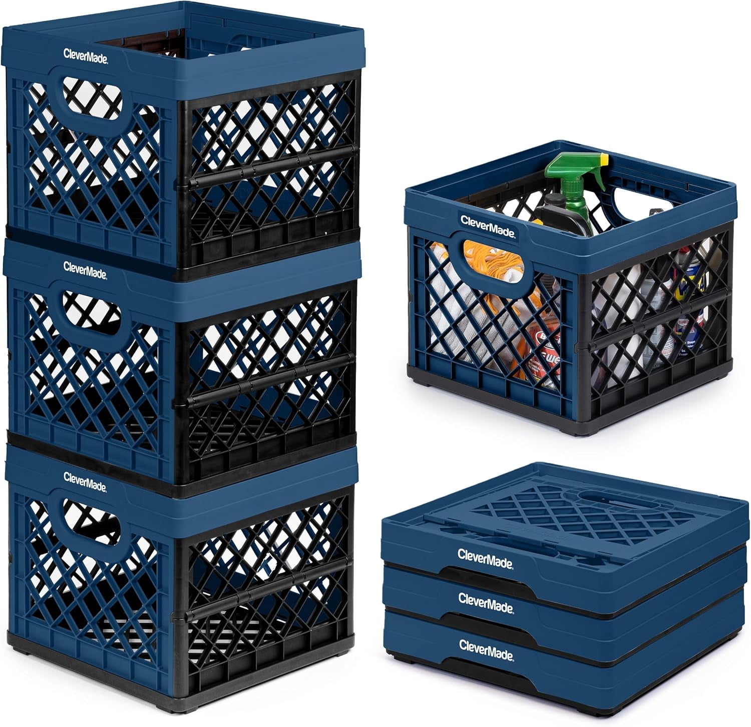CleverMade Plastic Folding Utility Milk Crate - Stackable Storage Bin ...