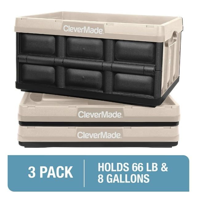 CleverMade Stackable Collapsible Storage Bin No Lid - 8 Gal Tan, 3 Pack ...