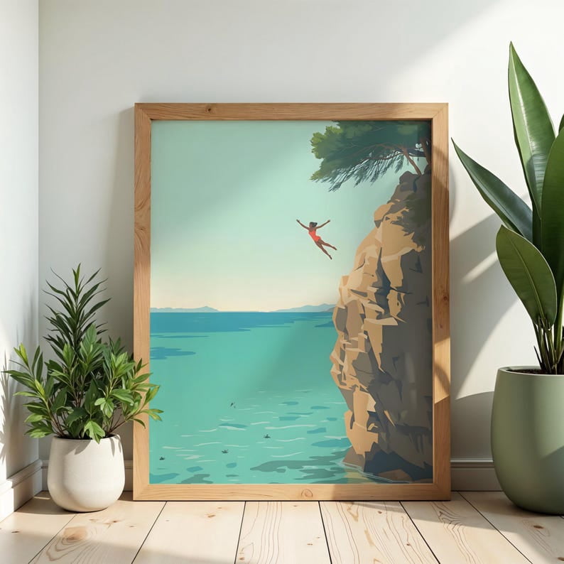 Cliff Jump Ocean Poster Coastal Adventure Wall Decor Minimal Beach ...