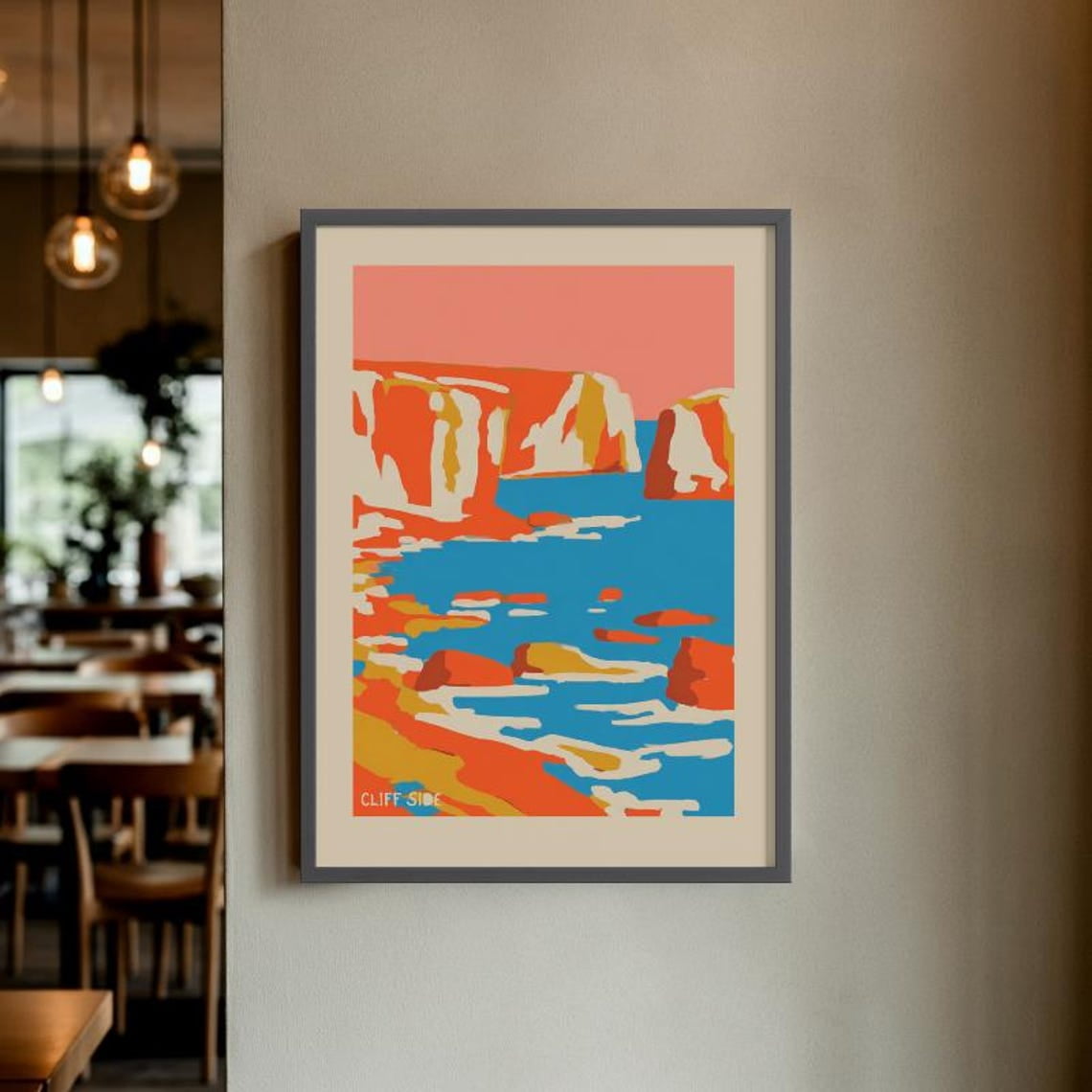 Cliff Side Coastal Summer Beach Retro Art Colourful Rock Island Warm ...