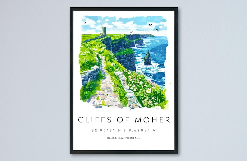 Cliffs of Moher Watercolor Poster – Ireland Coastal Landscape Souvenir ...