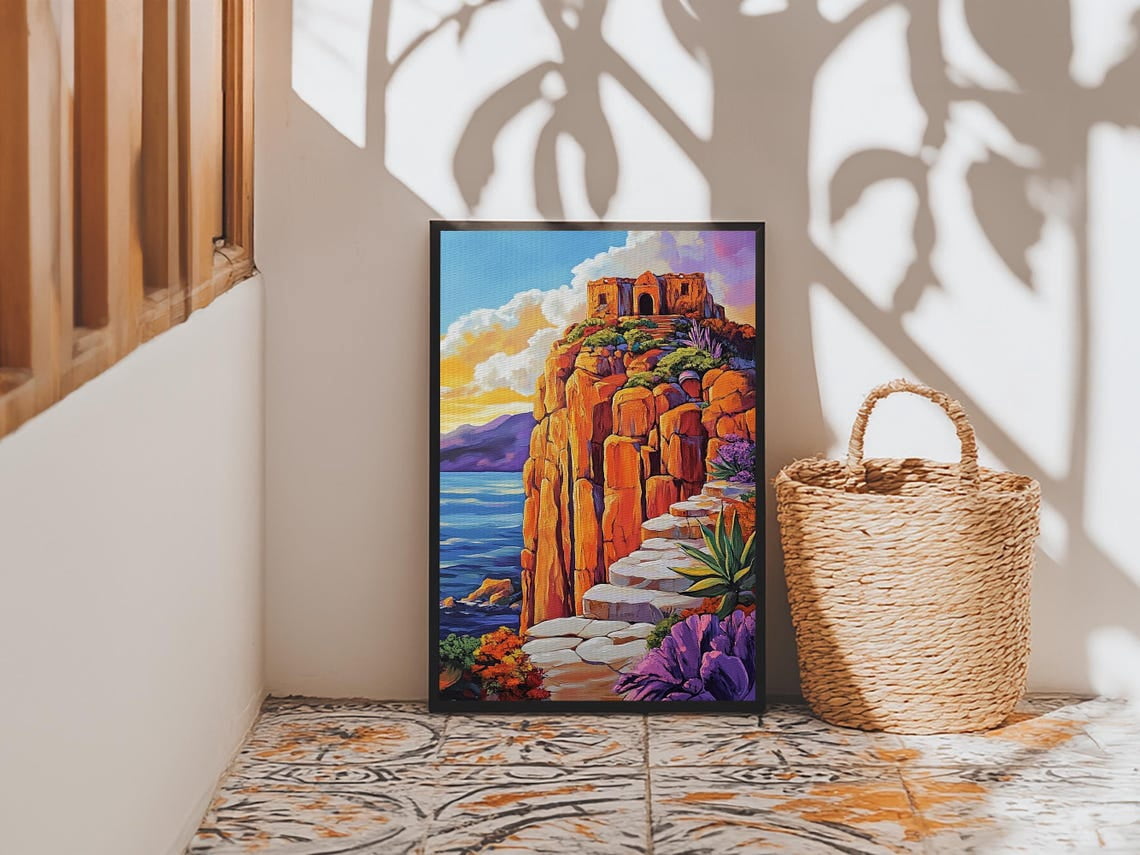 Cliffside Sunset Ocean View Fortress Wall Art Poster, Stretched Size ...