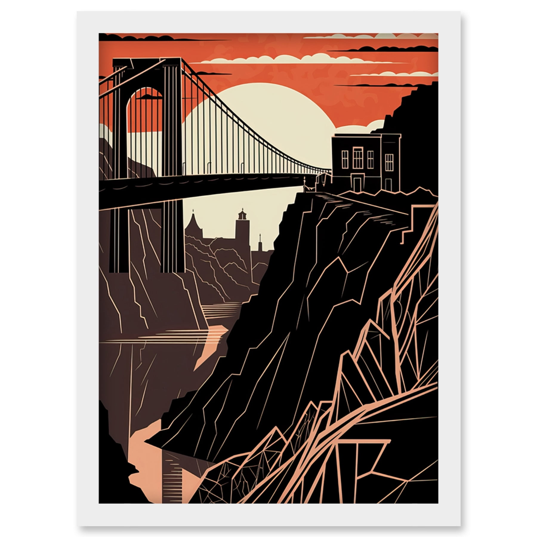 Clifton Suspension Bridge Sunset Contrast Linocut Artwork Framed Wall ...