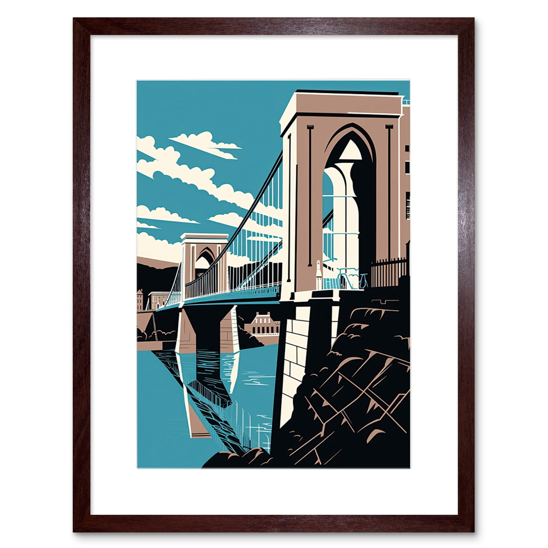 Clifton Suspension Bridge Tan Brown Blue Linocut Artwork Framed Wall ...