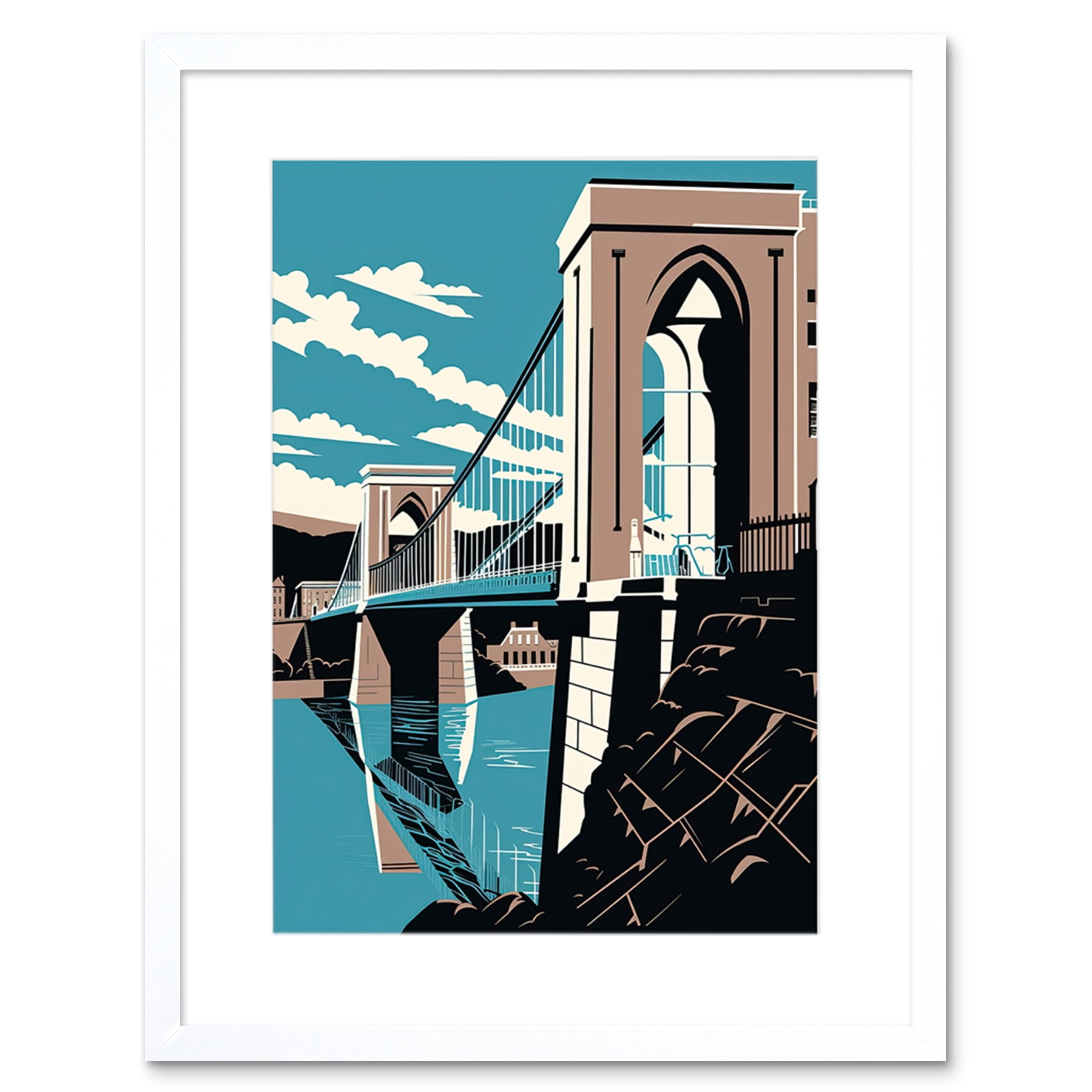 Clifton Suspension Bridge Tan Brown Blue Linocut Artwork Framed Wall ...