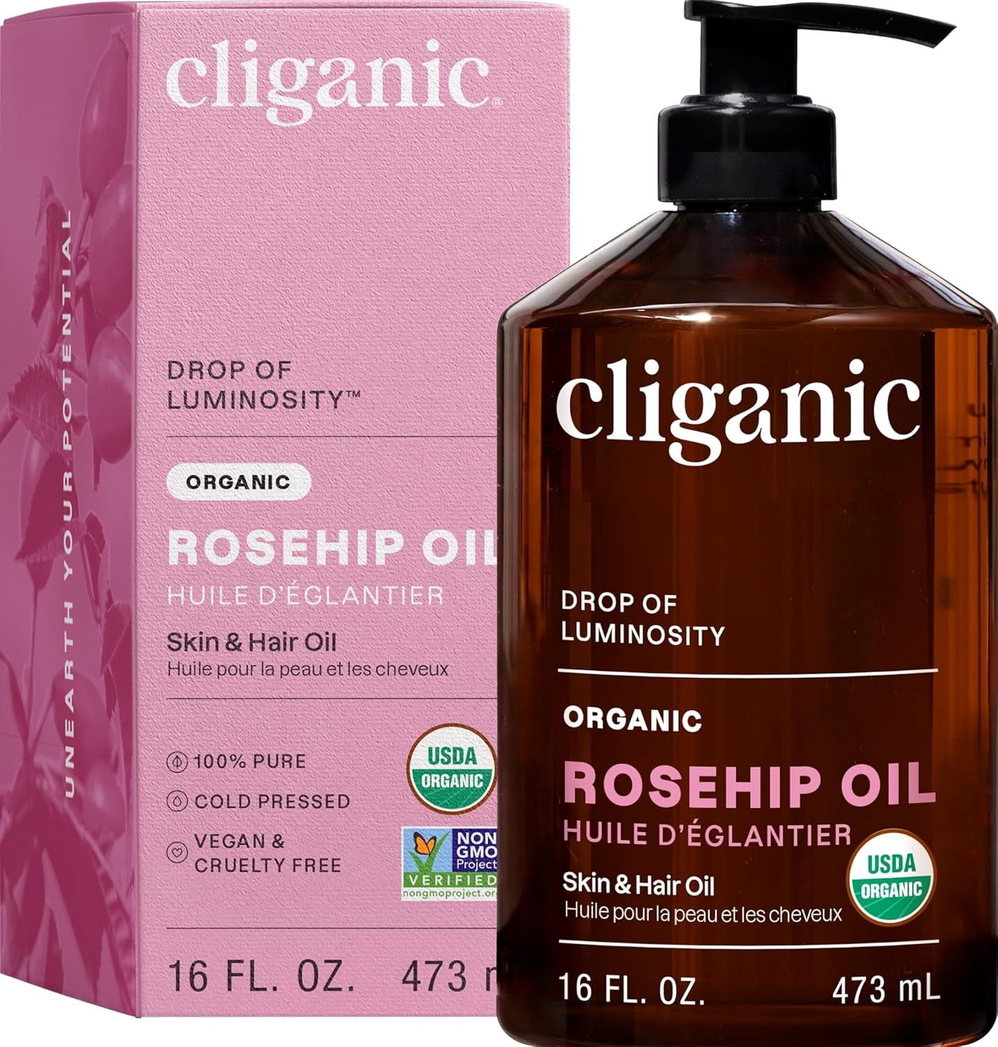 Cliganic Organic Rosehip Seed Oil 16oz with Pump for Face, Hair & Body ...