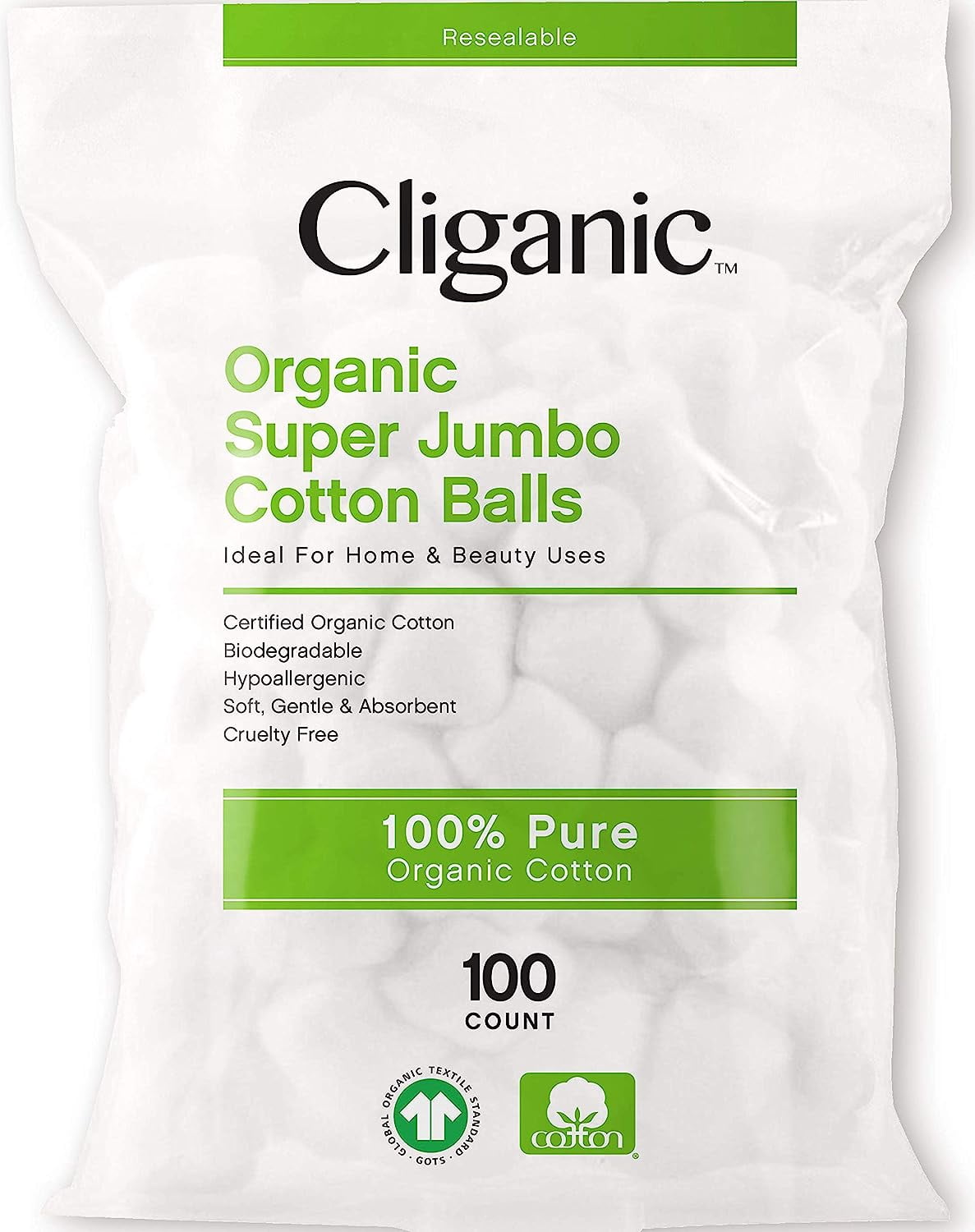 Cliganic Organic Super Jumbo Cotton Balls (100 Count) - Hypoallergenic ...