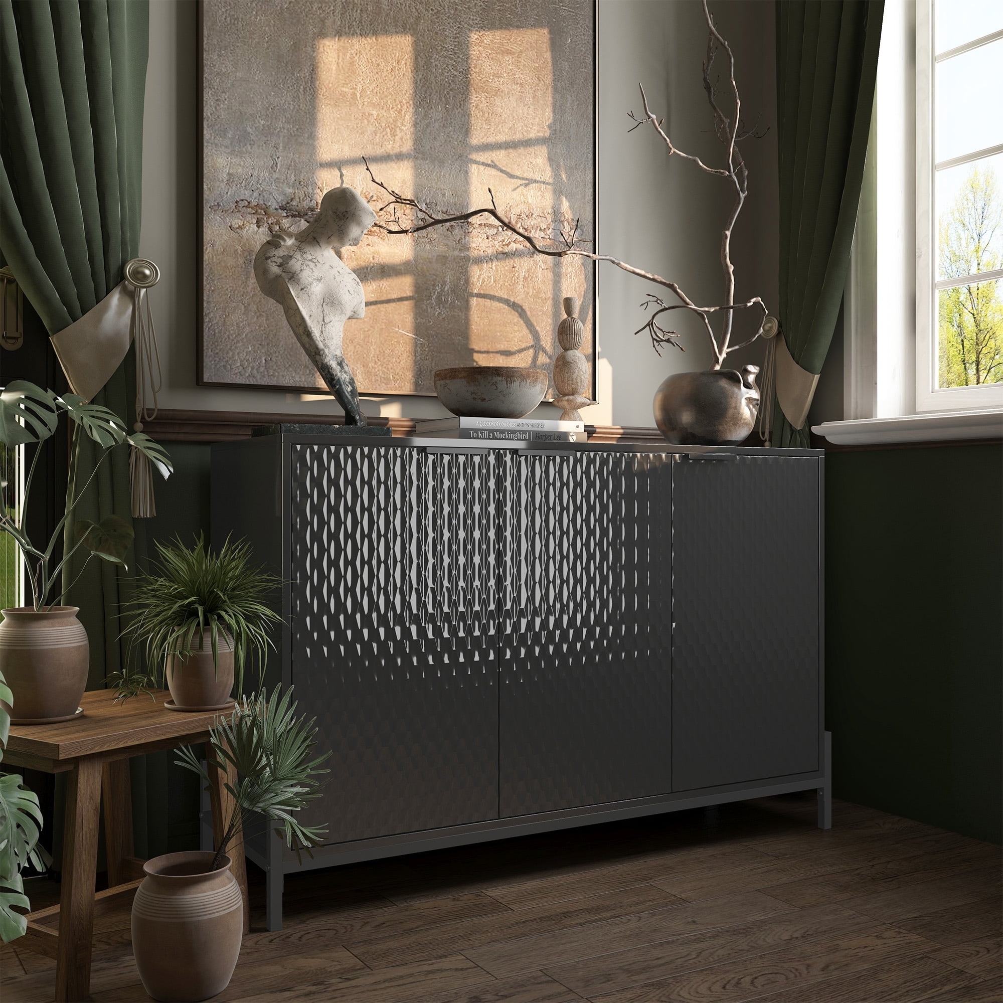 Clihome 3-Door High Gloss Buffets Sideboards with Adjustable Shelves ...