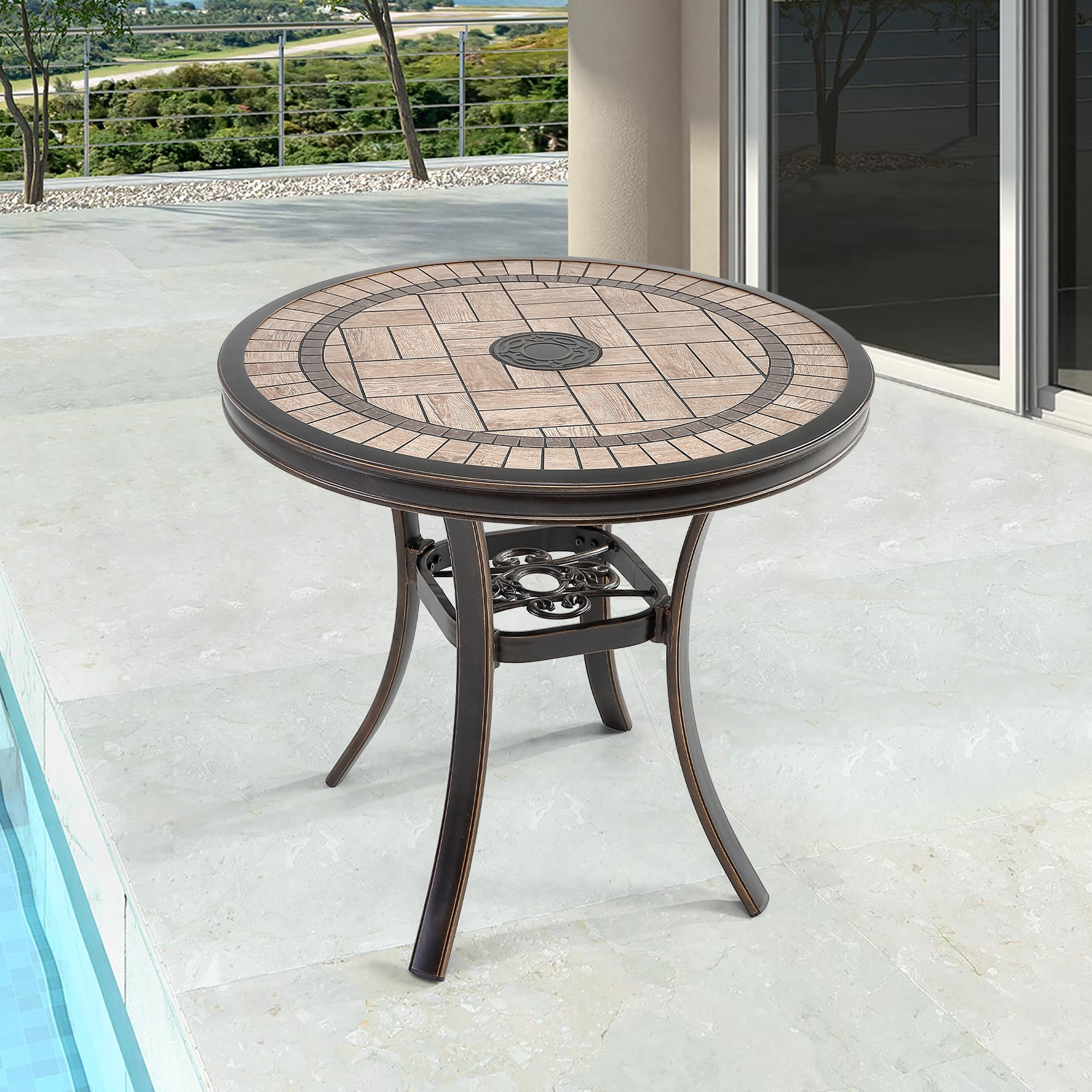 Clihome 31" Round Patio Tile-Top Dining Table, Heavy-Duty Aluminum ...