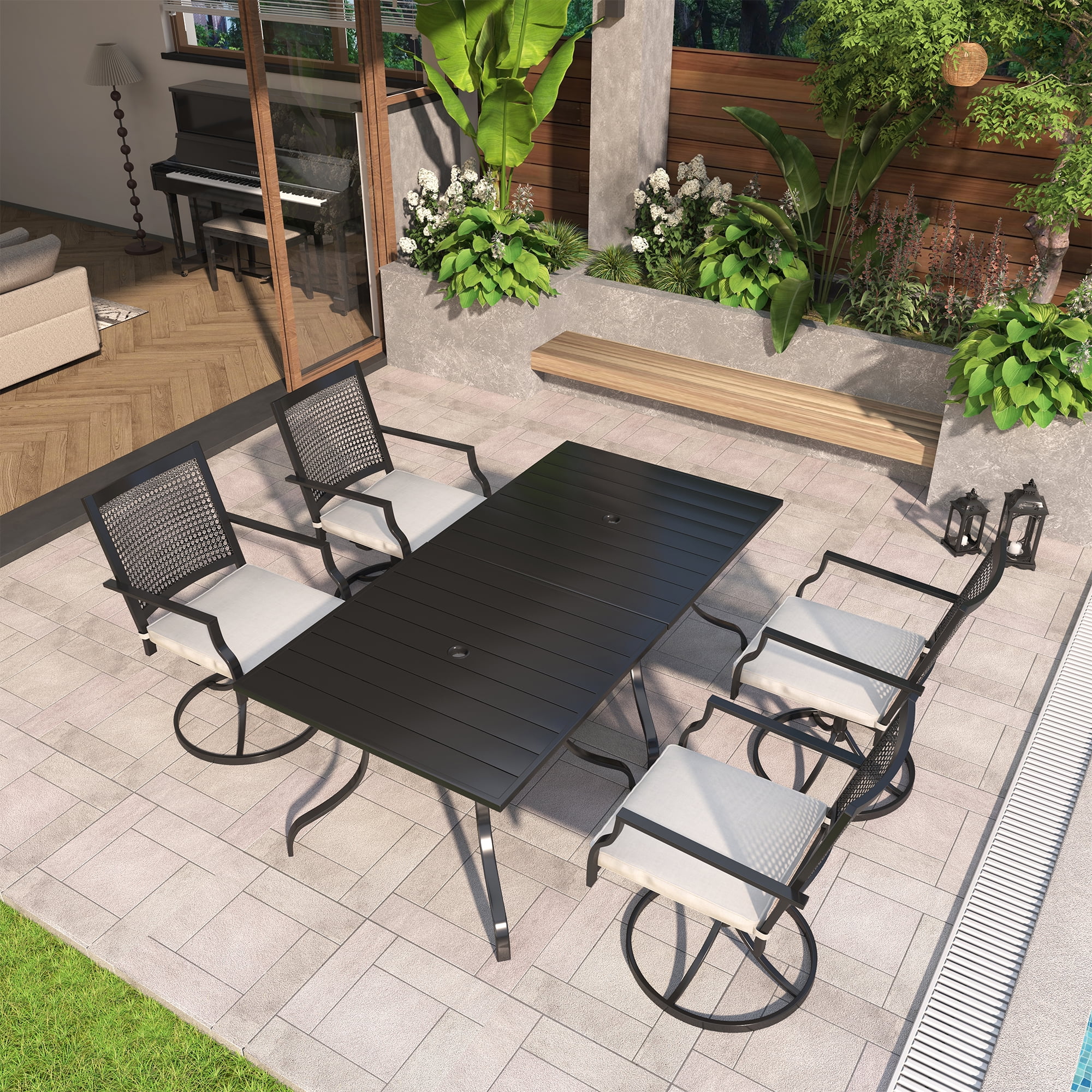 Clihome 6-Piece Patio Dining Set, 2 Metal Square Table and 4 Swivel ...