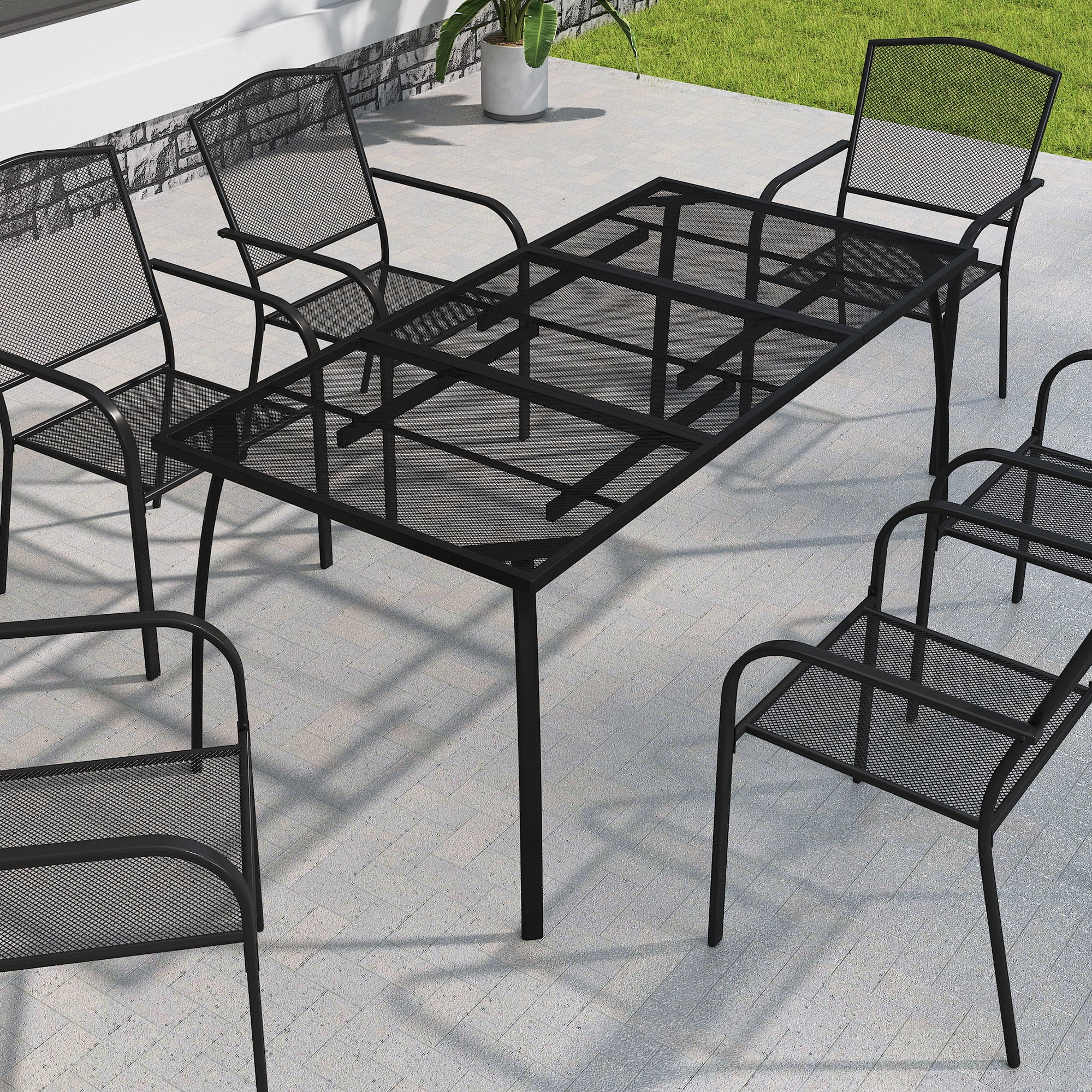 Clihome Modern Patio Table, 65 inch Outdoor Rectangular Steel Mesh ...