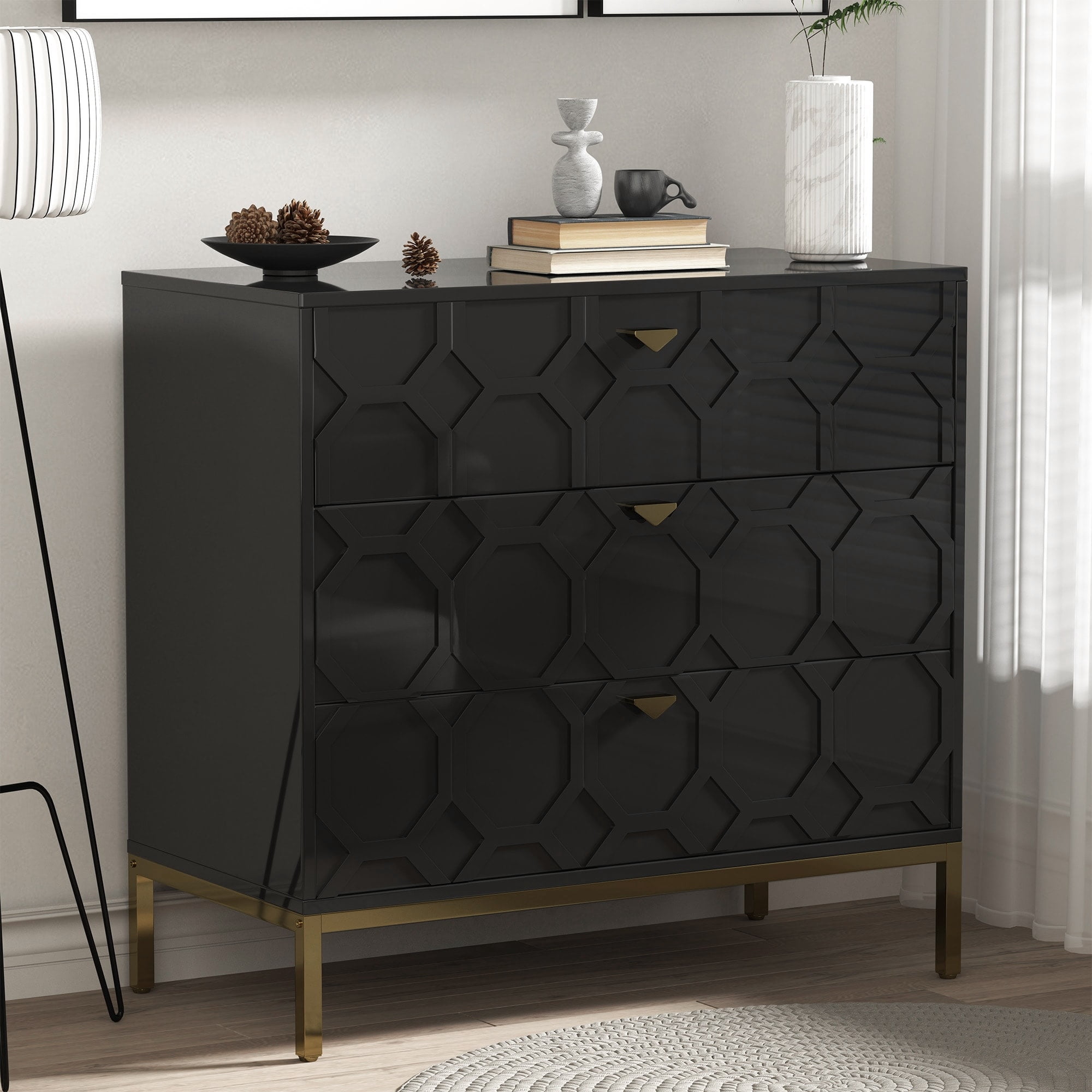 Clihome Modern Wooden Glossy 3-Drawer Storage Chest Black - Walmart.com