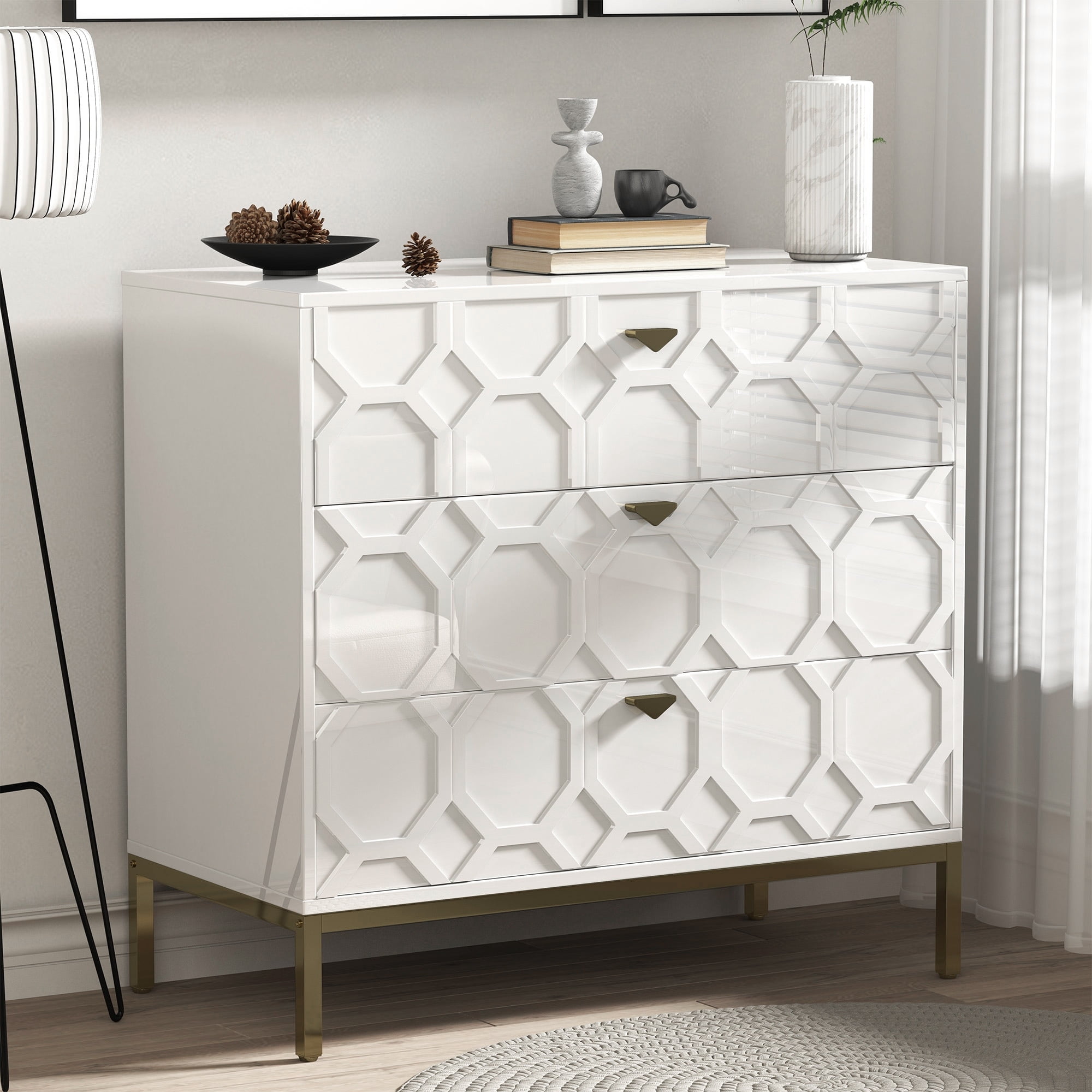 Clihome Modern Wooden Glossy 3-Drawer Storage Chest White - Walmart.com