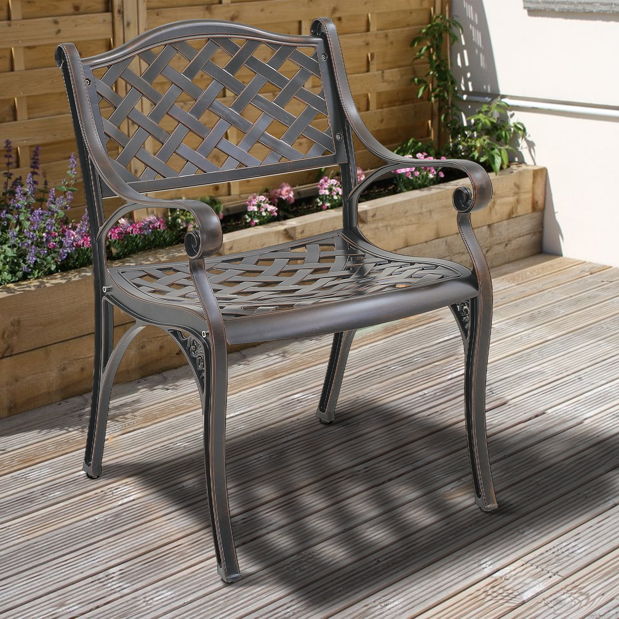 Clihome Outdoor Cast Aluminum Arm Dining Chair (Set of 2) Brown ...