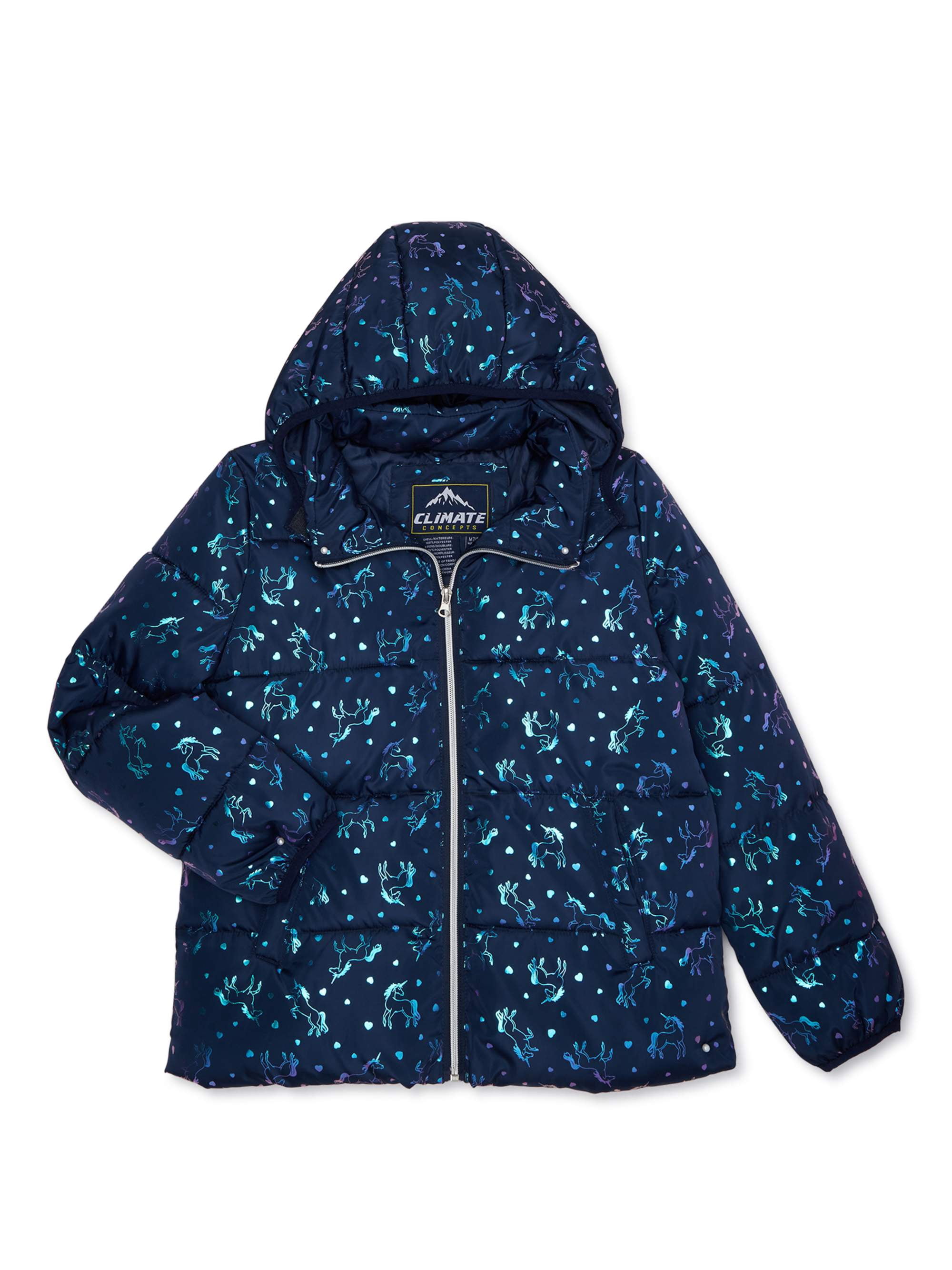 Climate Concepts Girls Hooded Metallic Unicorn Puffer Jacket - Walmart.com