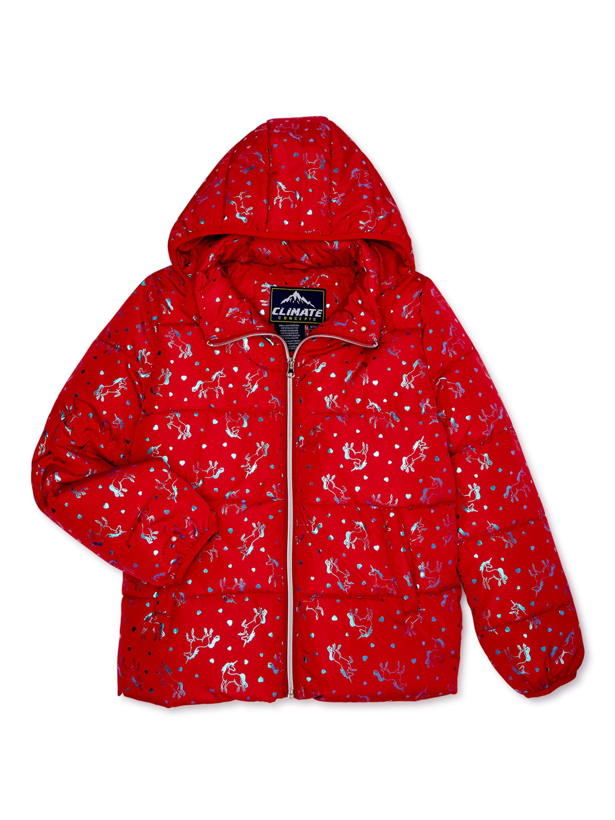 Climate Concepts Girls Hooded Metallic Unicorn Puffer Jacket, Sizes 4 ...
