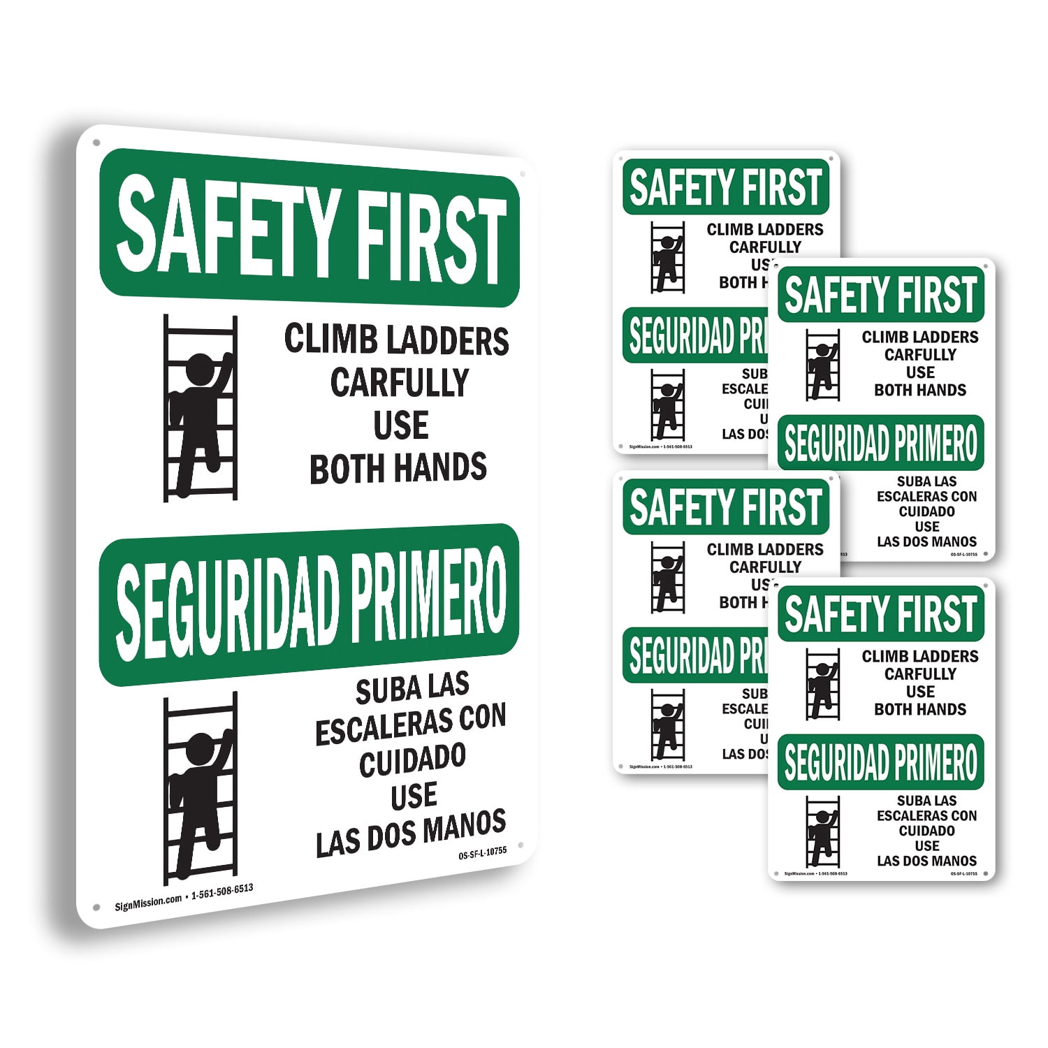 Climb Ladders Carefully Bilingual OSHA SAFETY FIRST Rigid Plastic Sign ...