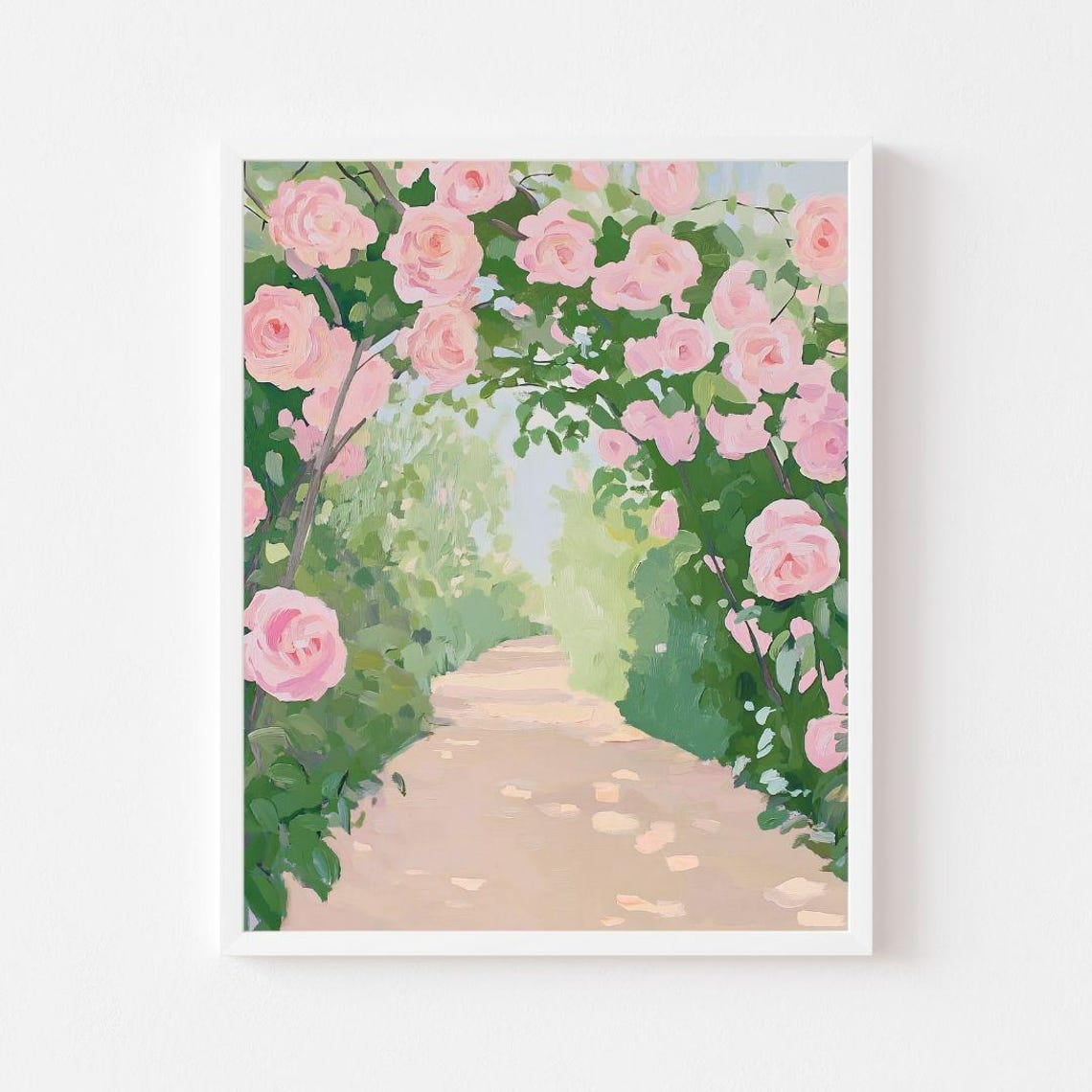 Climbing Rose Path Painting Pink Flower Landscape Wall Art Print Pastel ...