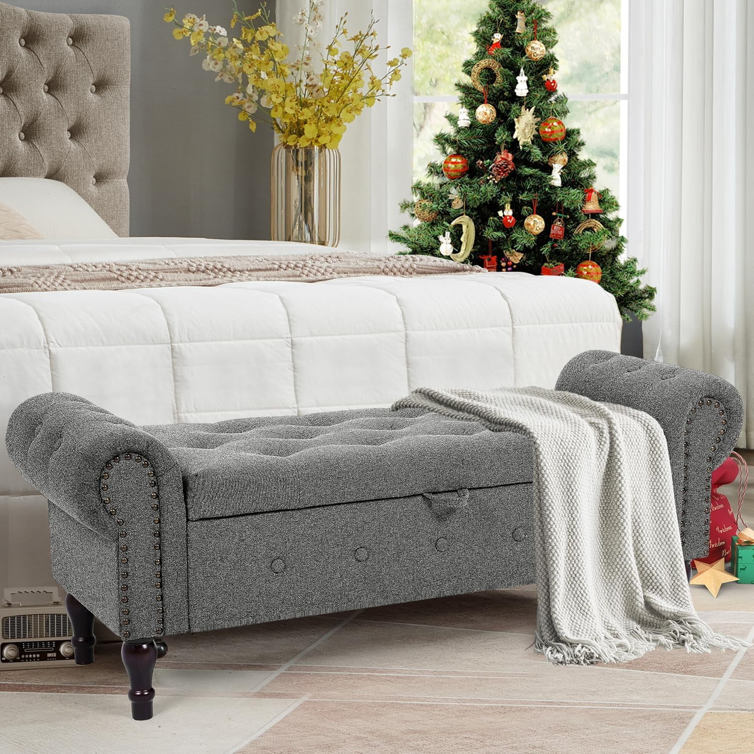 ClinQ Storage Bench, 50in Queen Linen Tufted Button End of Bed Bench ...
