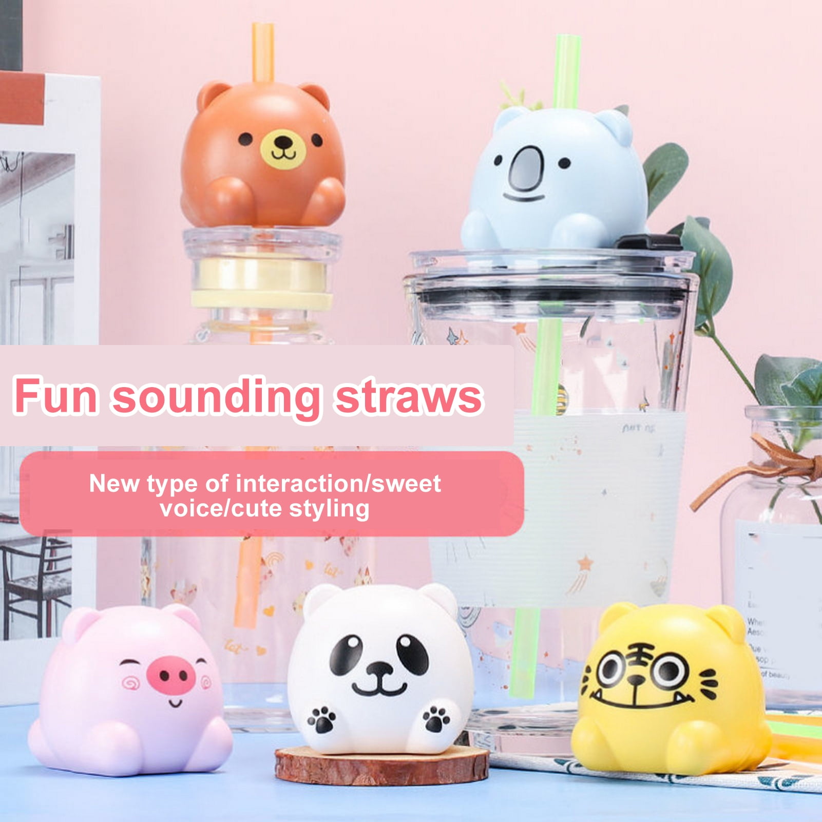 Clinaoy 1 Set Cartoon Animal Sound Straw for Kids Cute Straw Topper for ...