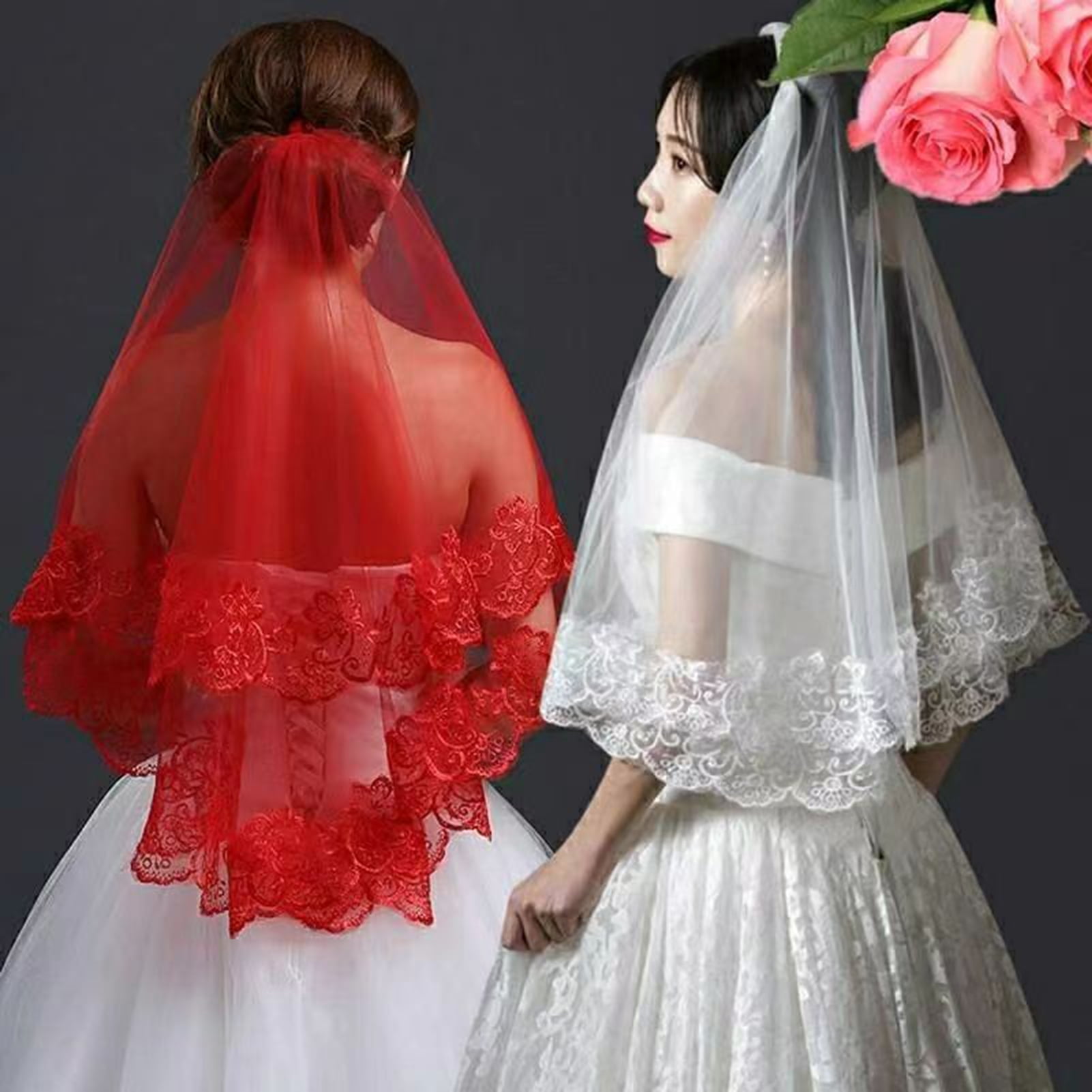 Clinaoy Bridal Veil Single Layer Lace Embroidered Headgear Long Style ...