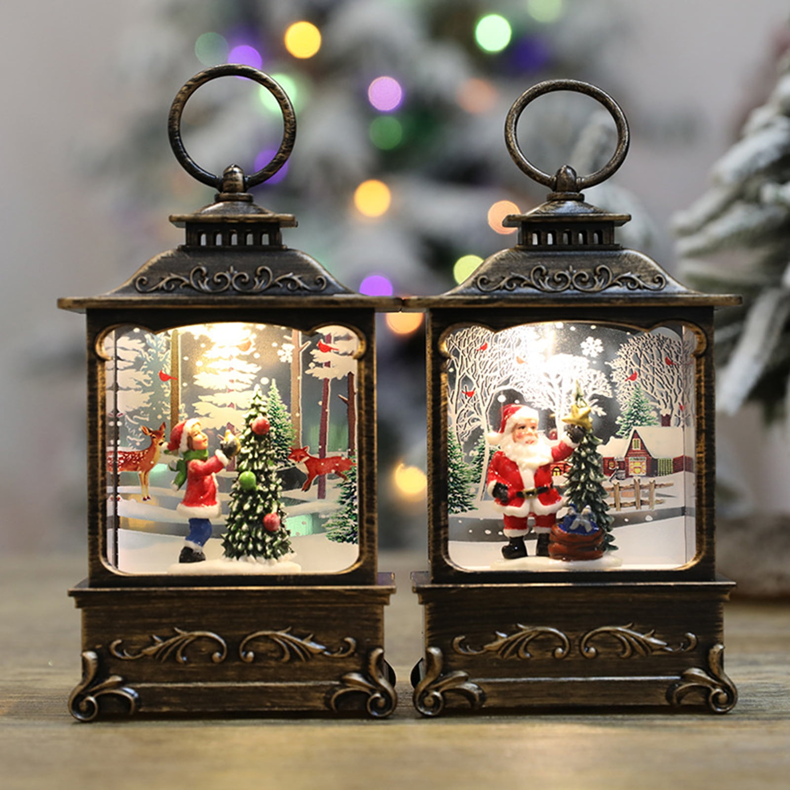 Clinaoy Christmas Lantern Ornament with Retro Frame & Built-in Santa Tree Snowman Elk Statue ...