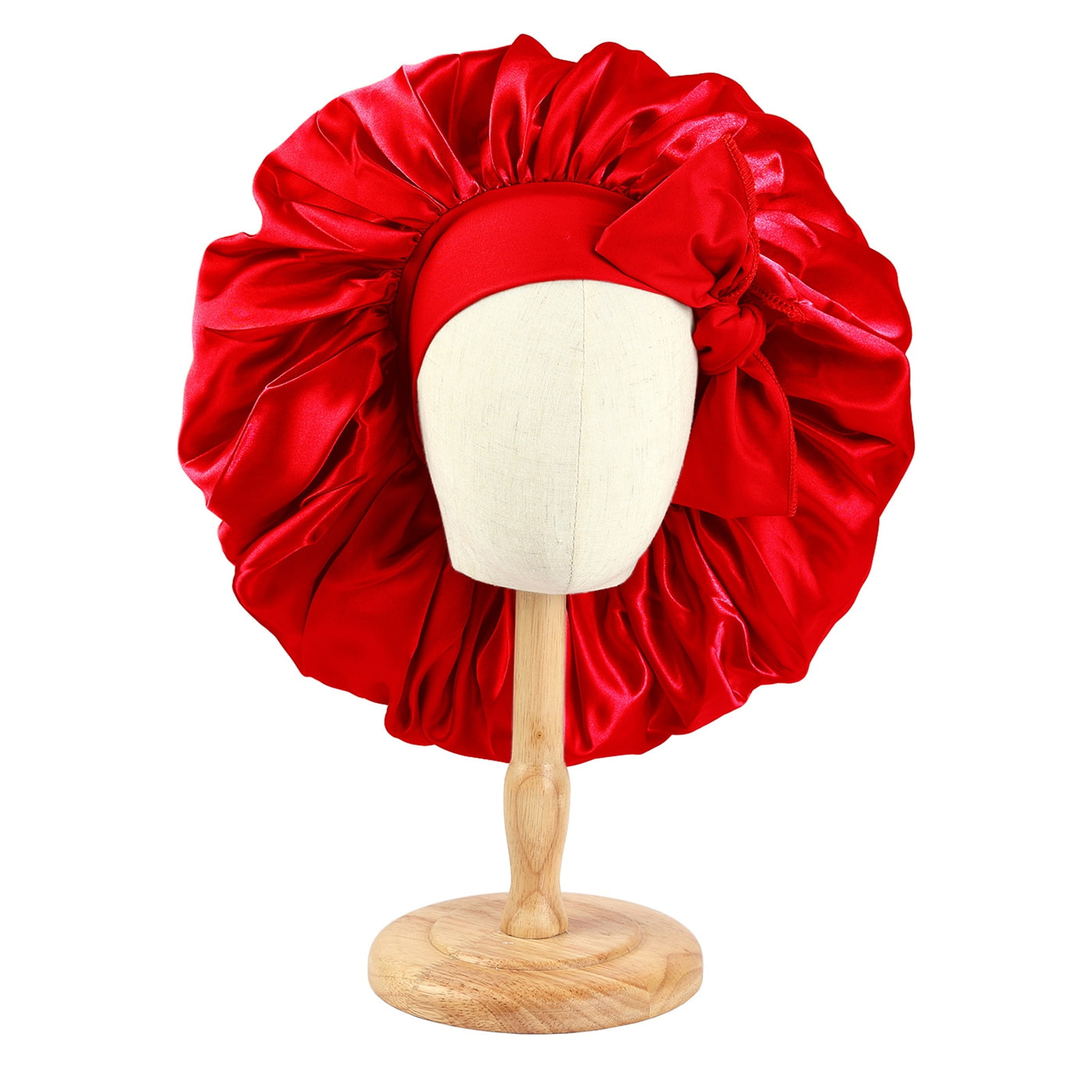 Clinaoy Hair Cap Satin Bonnet Extra Large Sleeping Bonnet Solid Color Bow Decor Elastic Band ...