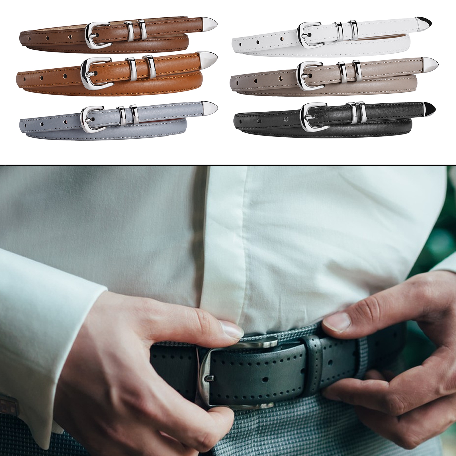 Clinaoy Women Thin Belt Multi Holes Adjustable Length Faux Leather ...