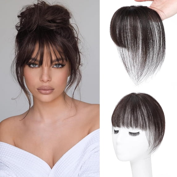 Clip in Air Bangs 100% Real Human Hair Extensions Natural Wispy Curved ...