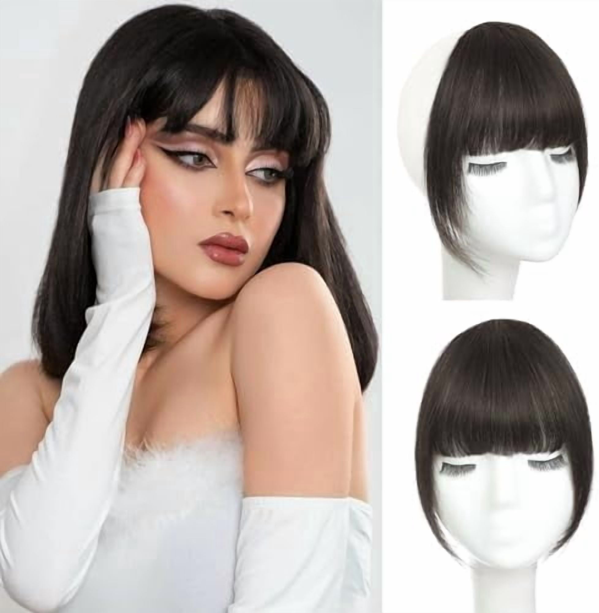Clip in Bangs Real Human Hair Brown Black Bangs Fringe with Temples ...
