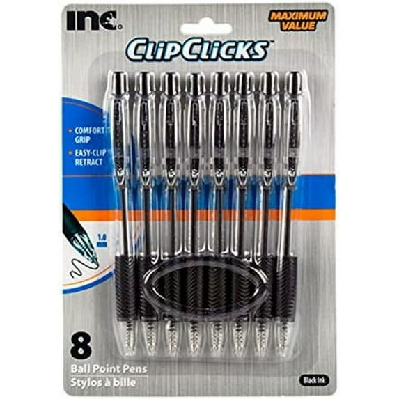 Clip Click Retractable Ball Point Pens, 1.0 mm Black Ink, Set of 8 ...
